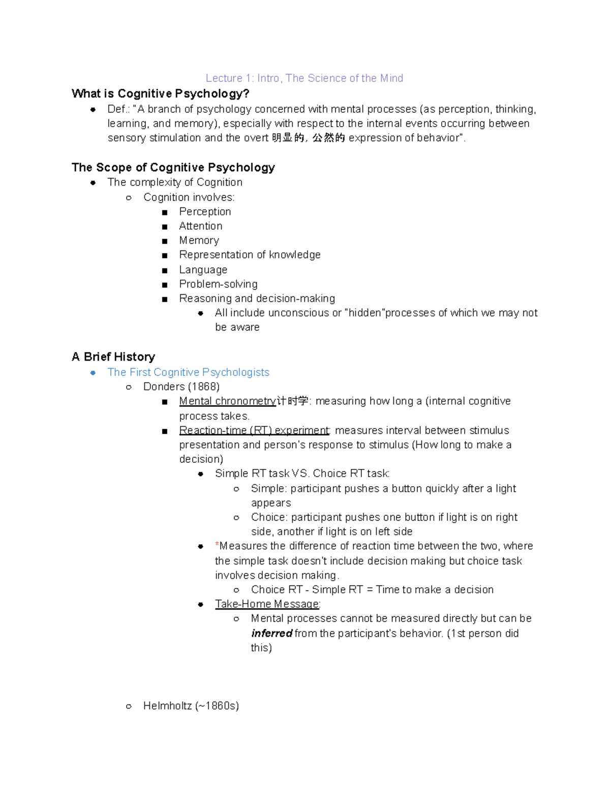PSYC 105 Midterm 1 Review - Lecture 1: Intro, The Science of the Mind What is Cognitive ...