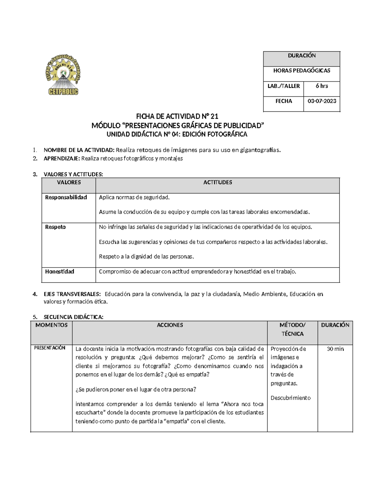 Sesion 03-07 - mapa empatia - DURACIÓN HORAS PEDAGÓGICAS LAB./TALLER 6 ...