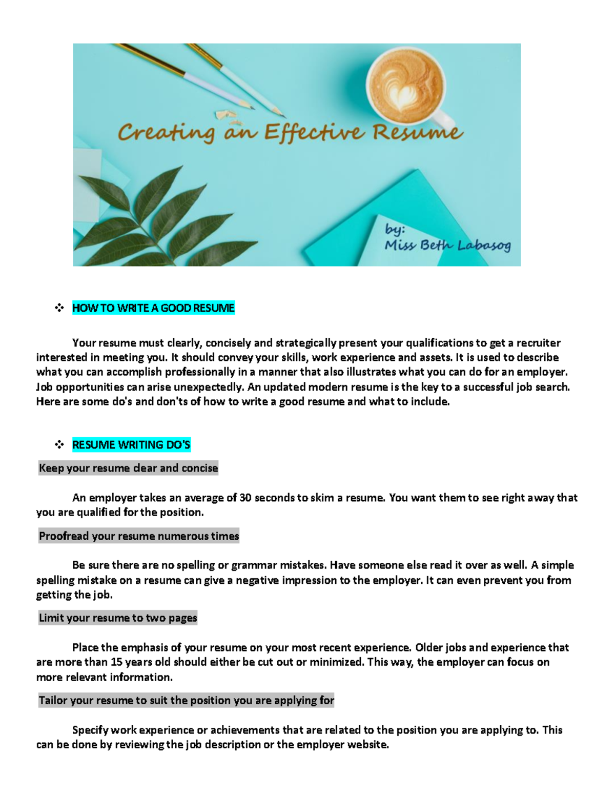 Creating AN Effective Resume - HOW TO WRITE A GOOD RESUME Your resume ...