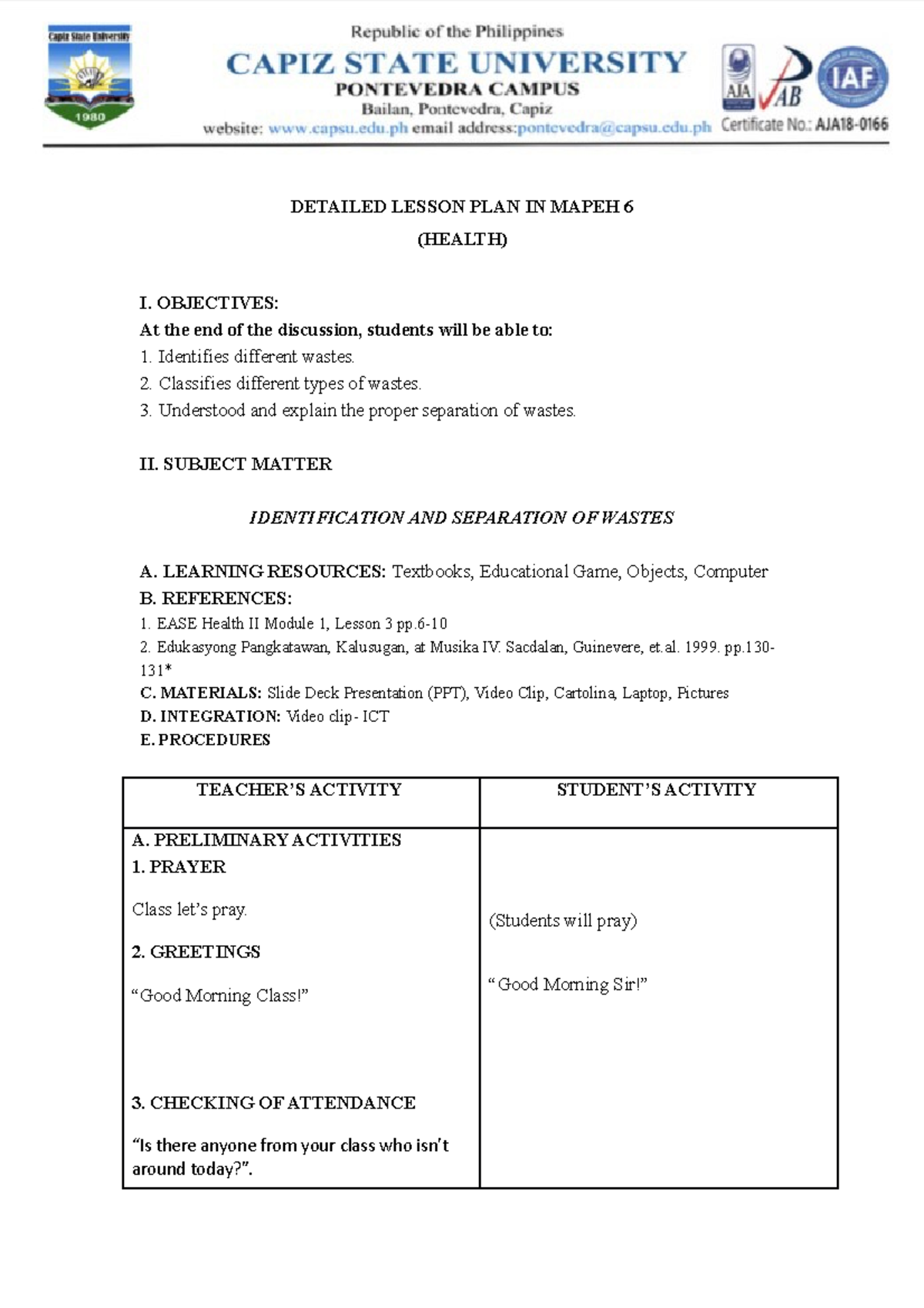 DEMO - Try your best - DETAILED LESSON PLAN IN MAPEH 6 (HEALTH) I ...