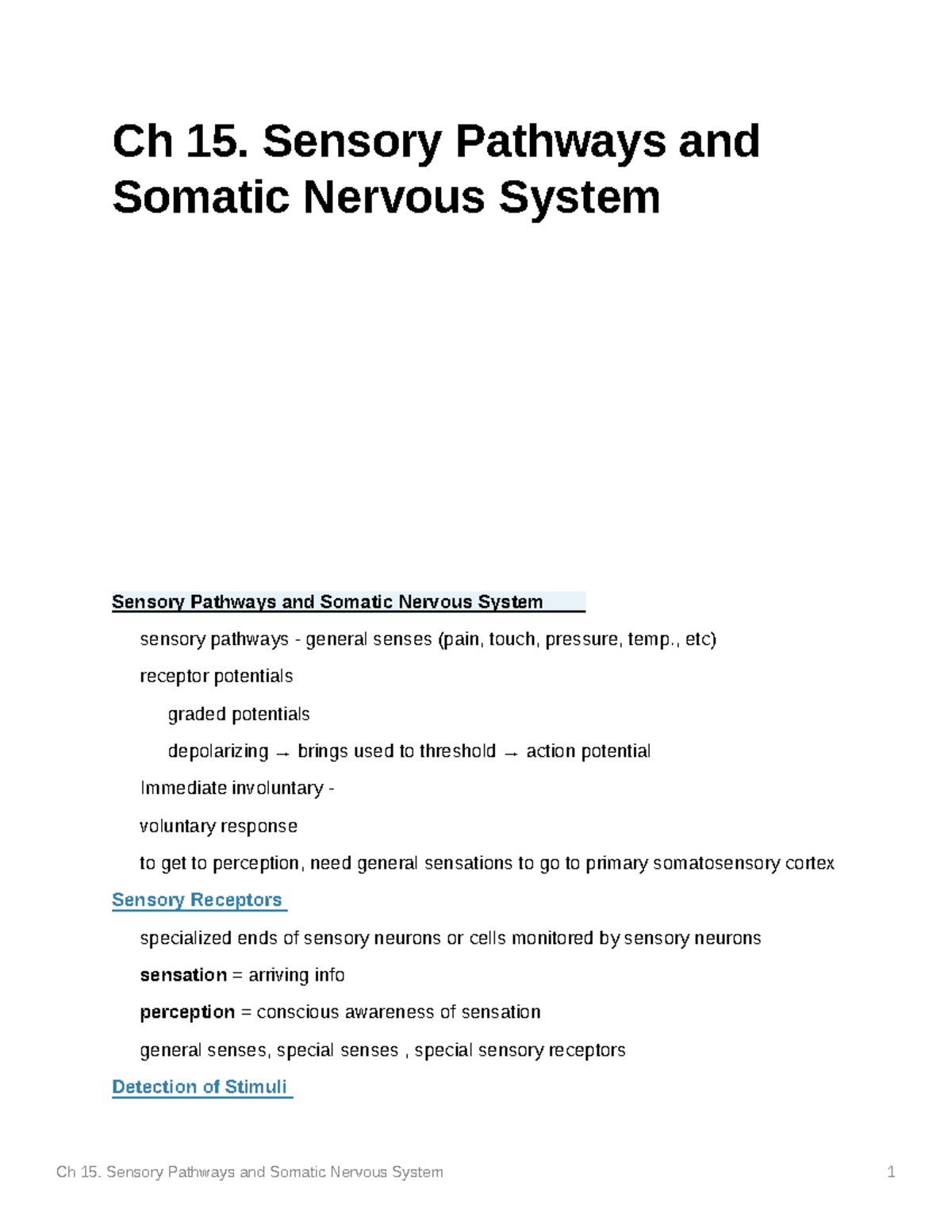 Ch 15 Sensory Pathways and Somatic Nervous System - Ch 15. Sensory ...