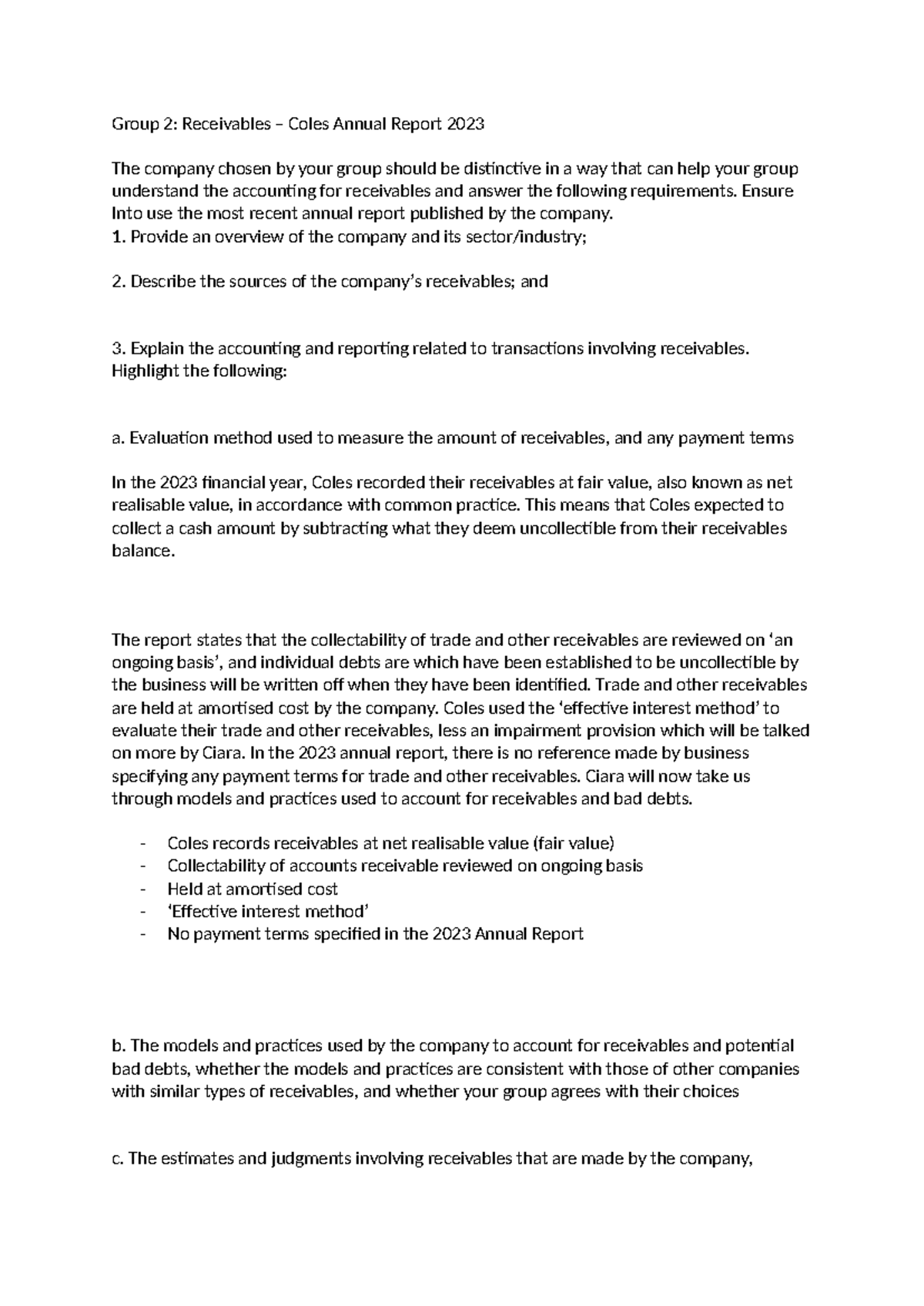 Group 2 Pres. Summary - Presentation - Group 2: Receivables – Coles ...