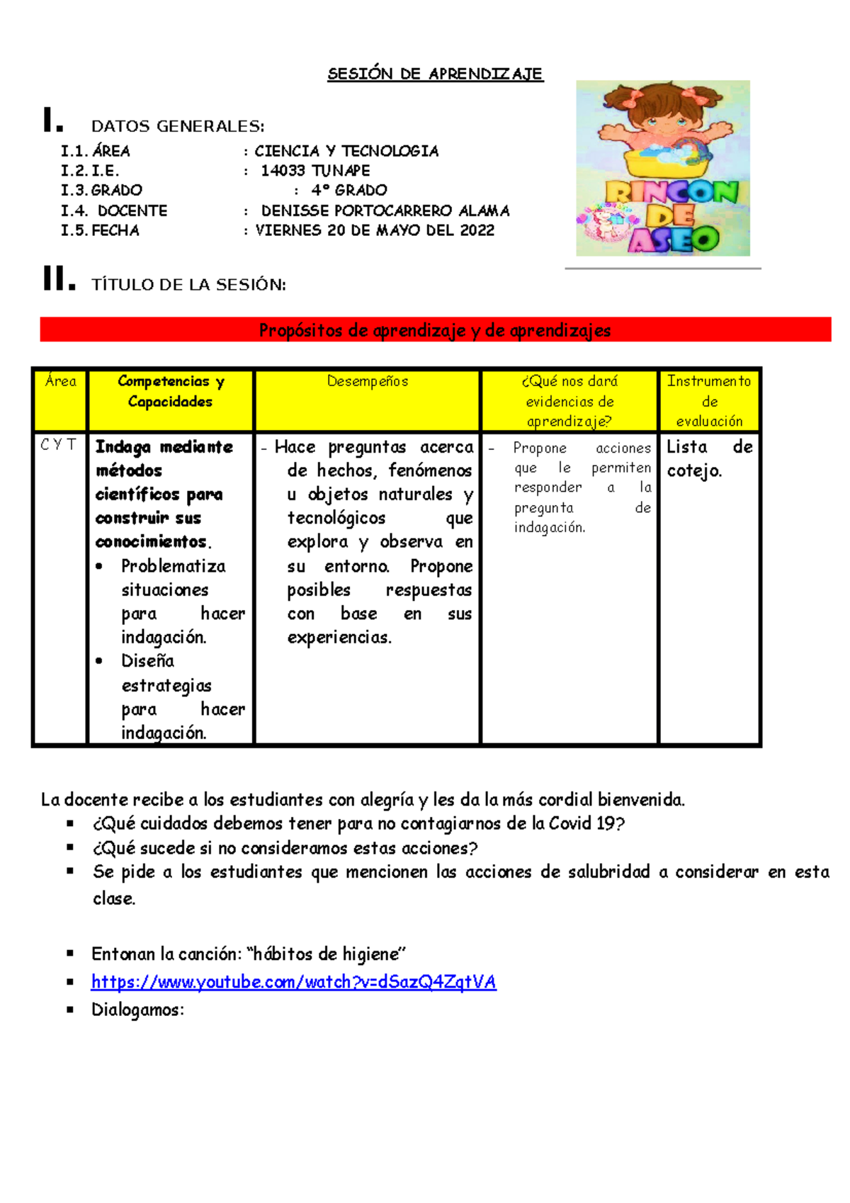 Ciencia 20 MAYO - lectura lectura - SESIÓN DE APRENDIZAJE I. DATOS GENERALES: I.ÁREA : CIENCIA Y ...