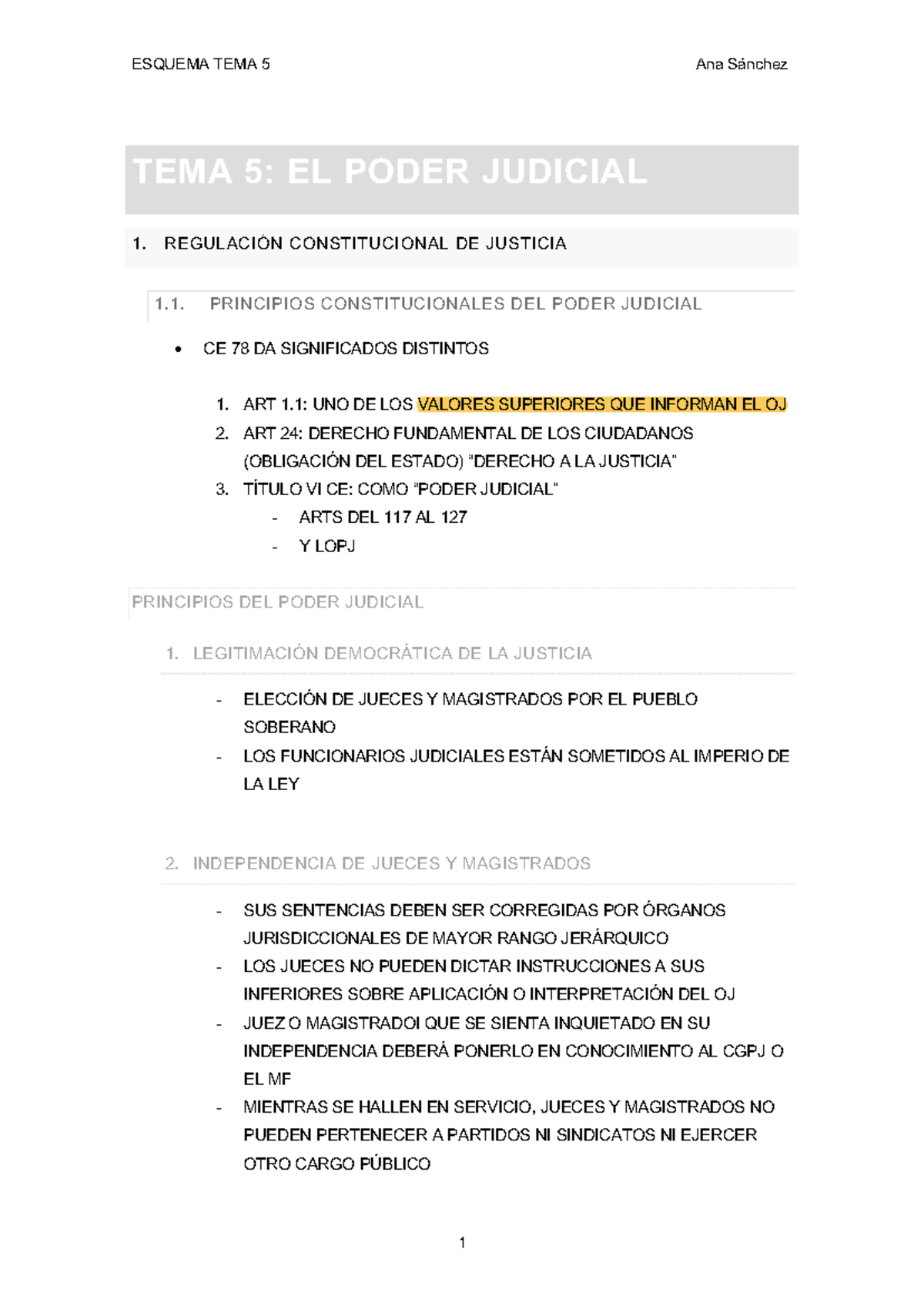 Esquema TEMA 5 Consti - TEMA 5: EL PODER JUDICIAL 1. REGULACIÓN CONSTITUCIONAL DE JUSTICIA 1 ...