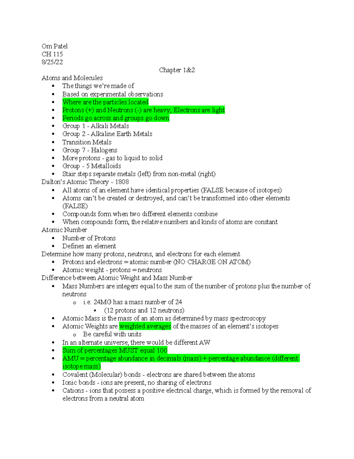 CH-115 Chapter 1&2 - Gen chem 115 notes - Om Patel CH 115 8/25/ Chapter ...
