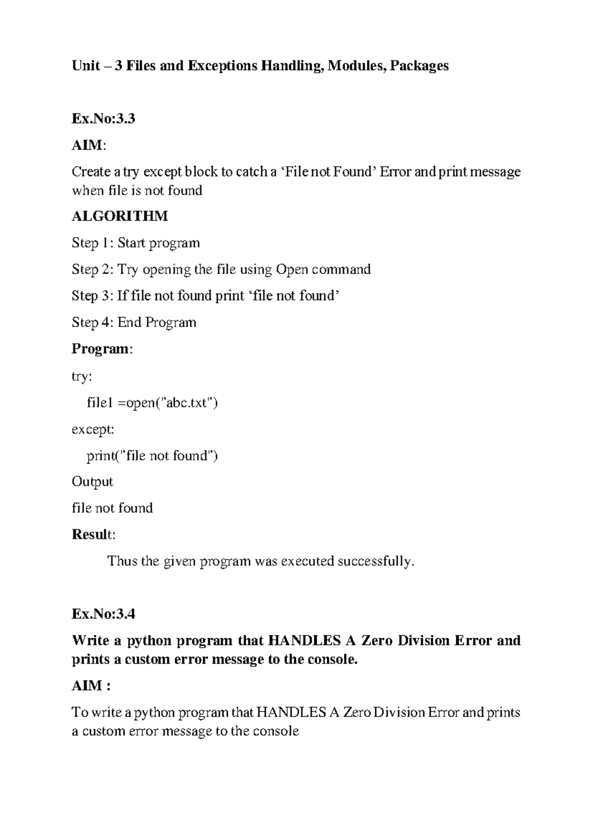 Ex 3 - good - Unit – 3 Files and Exceptions Handling, Modules, Packages ...