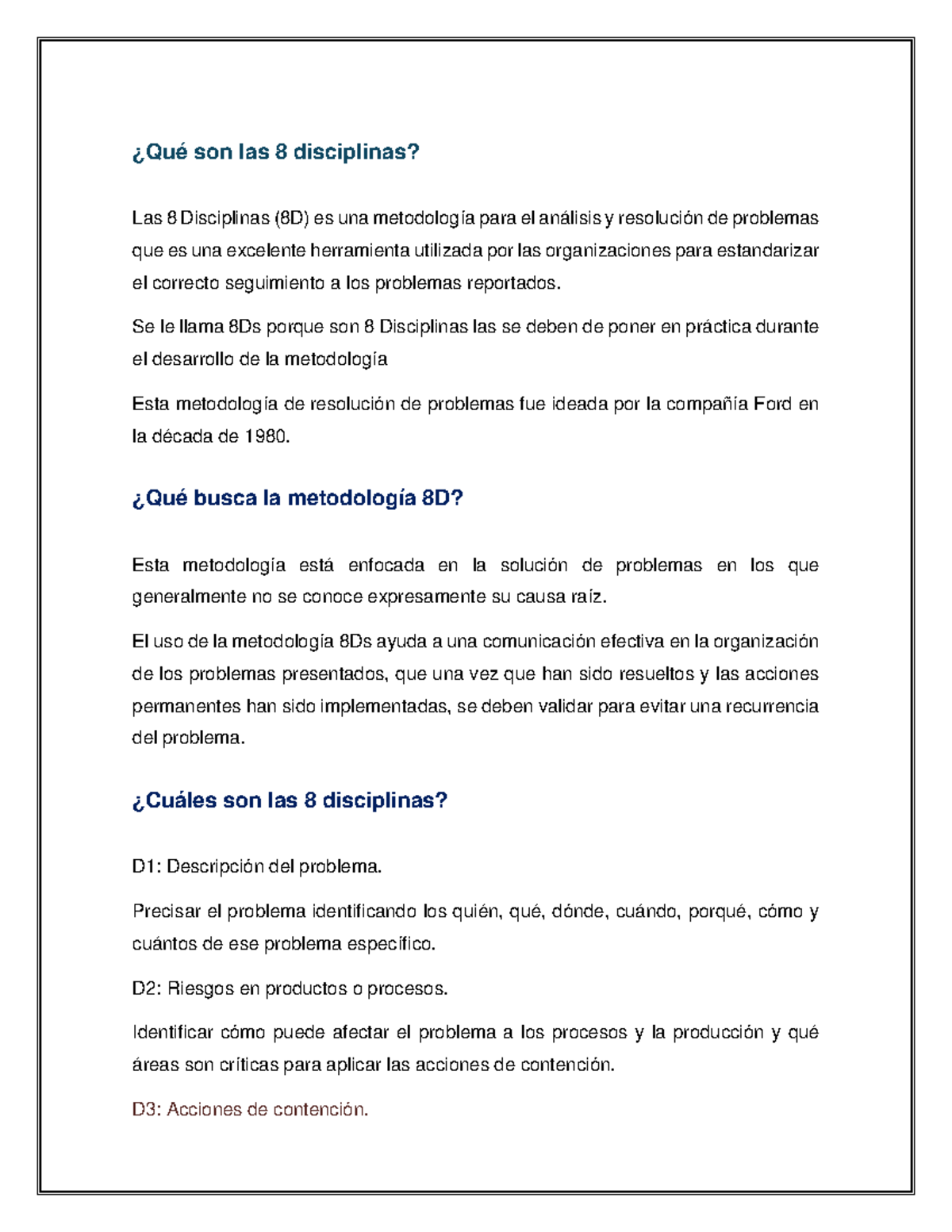8D - Resumen Proyecto De Vida - ¿Qué son las 8 disciplinas? Las 8 ...