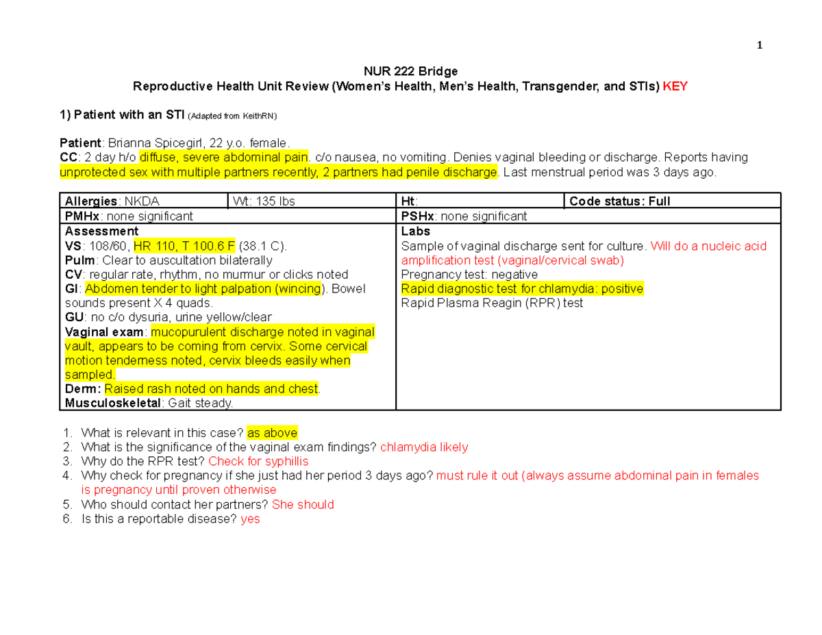 KEY Reproductive health worksheet - NUR 222 Bridge Reproductive Health ...