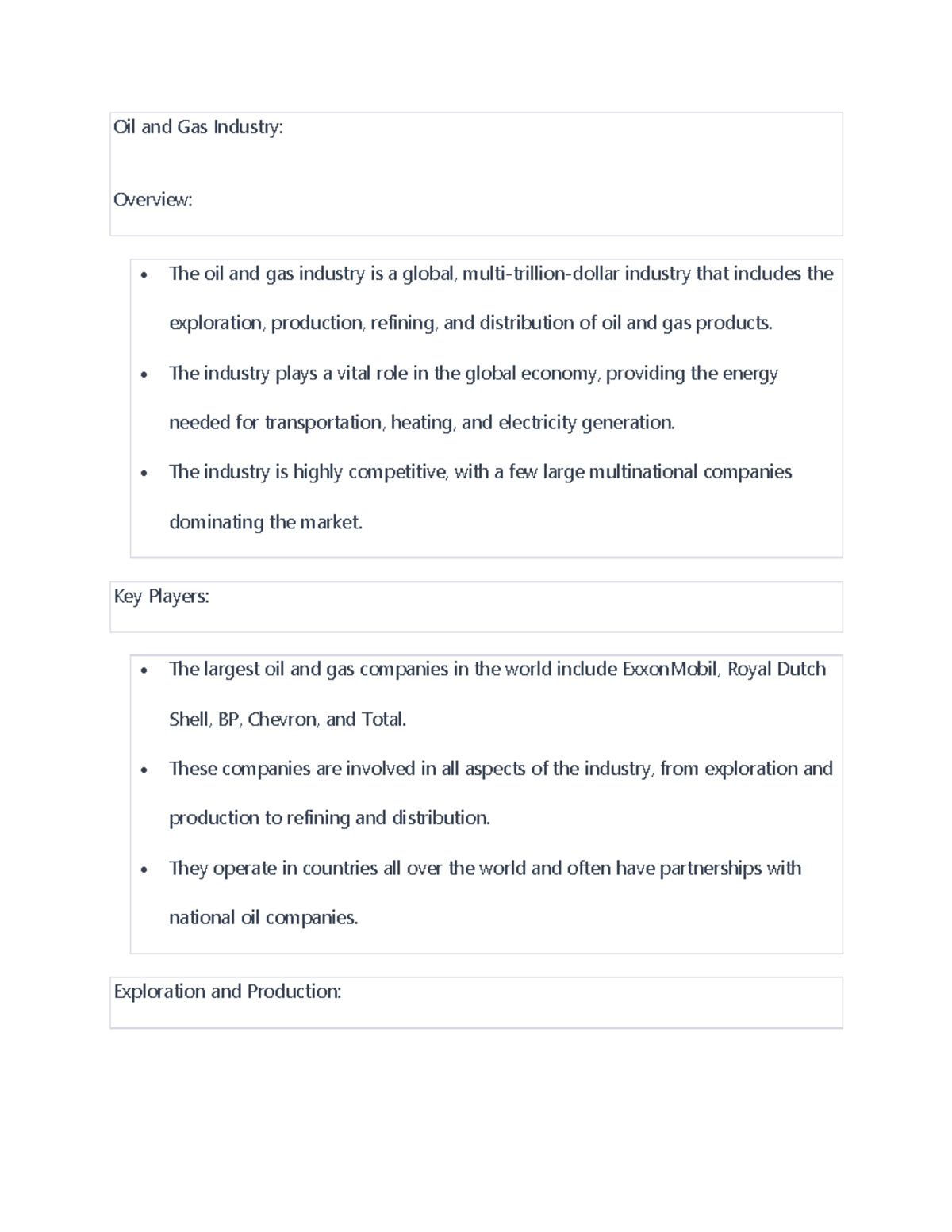 Oil and Gas Notes - Oil and Gas Industry: Overview: • The oil and gas ...