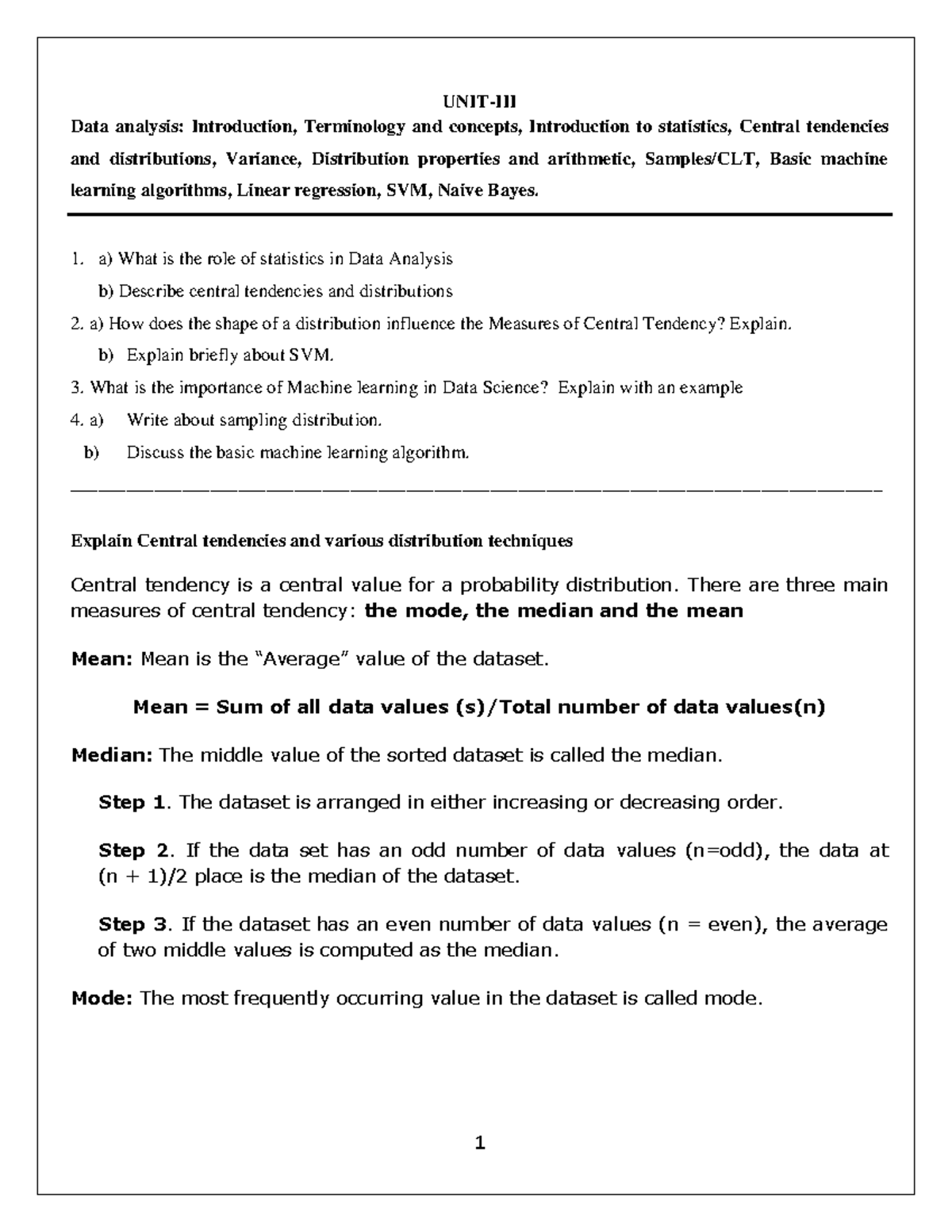 DSC-UNIT-3 - CSE - UNIT-III Data analysis: Introduction, Terminology ...