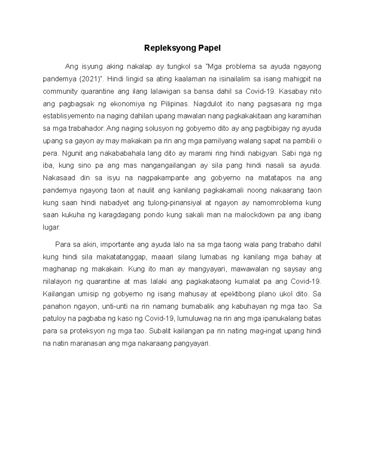 Repleksyong Papel - Mga problema sa ayuda ngayong pandemya ...