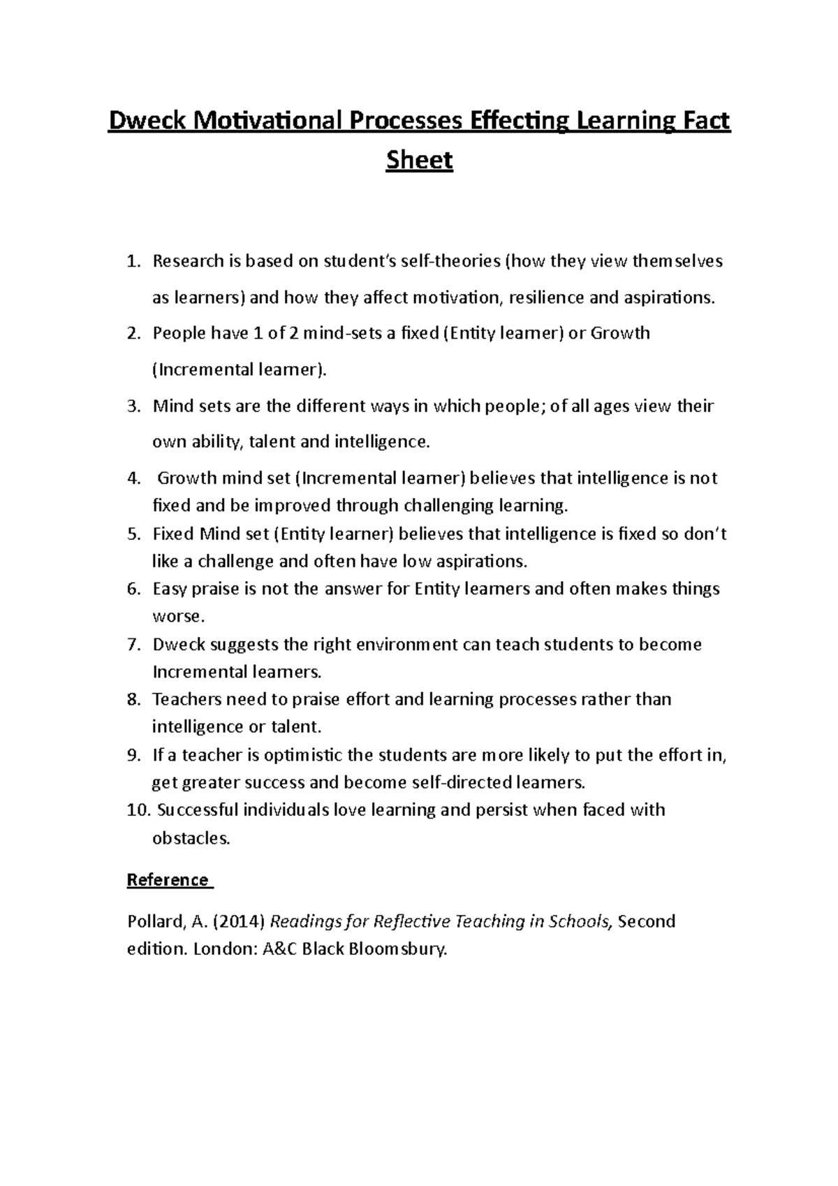 Dweck Motivational Processes Effecting Learning Fact Sheet - Research ...