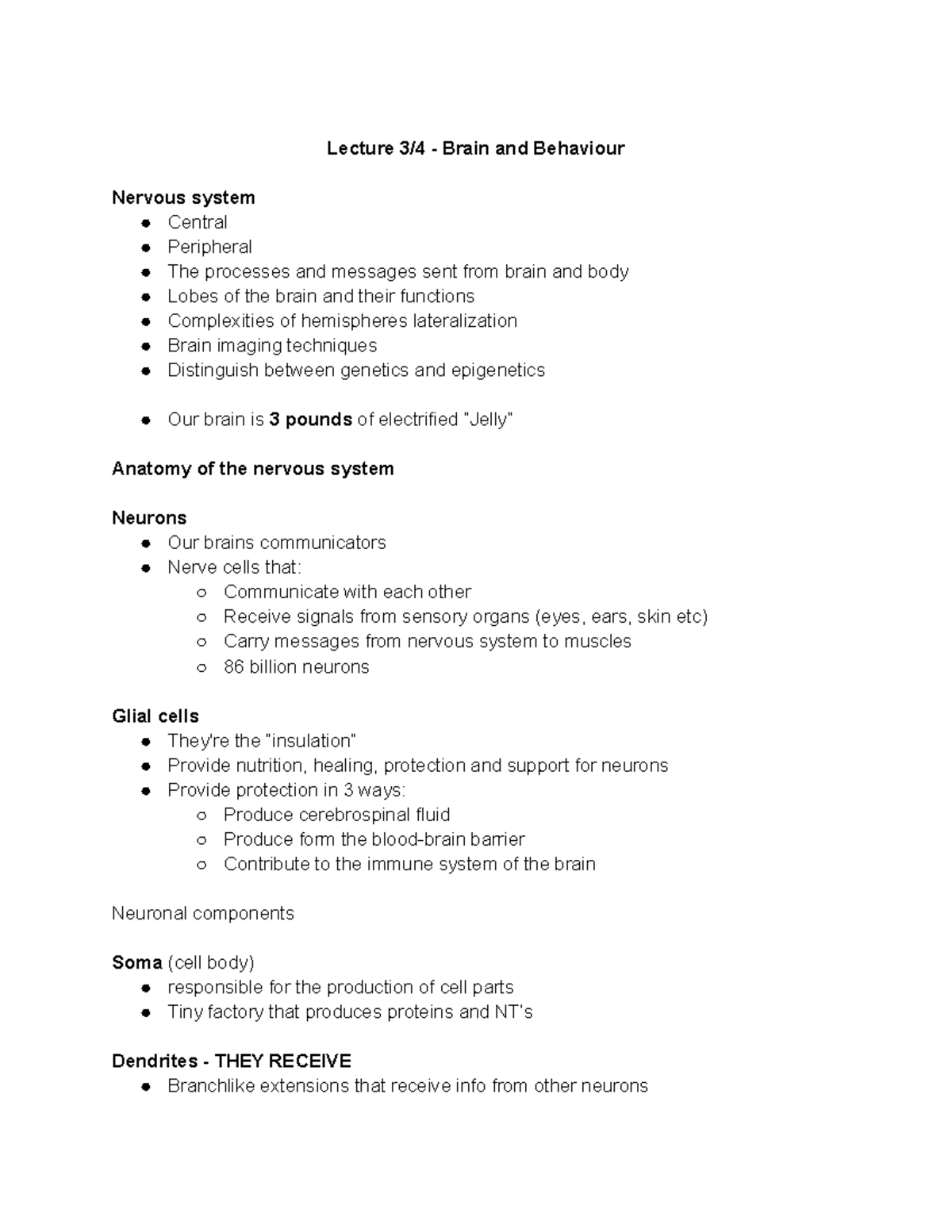 Lecture 3 4 Brain And Behaviour Lecture 34 Brain And Behaviour Nervous System Central