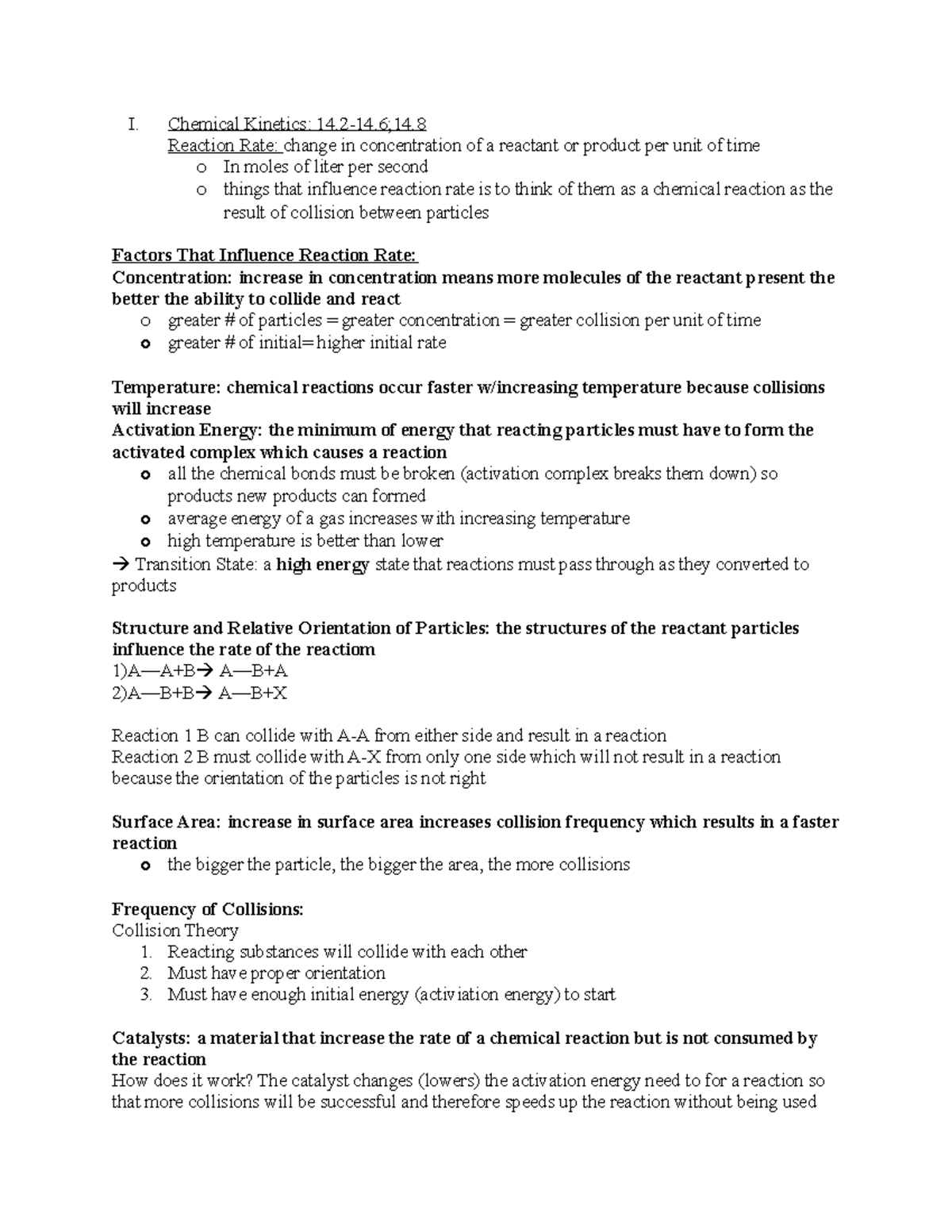 Chemical Kinetics Notes - I. Chemical Kinetics: 14.2-14;14. Reaction ...
