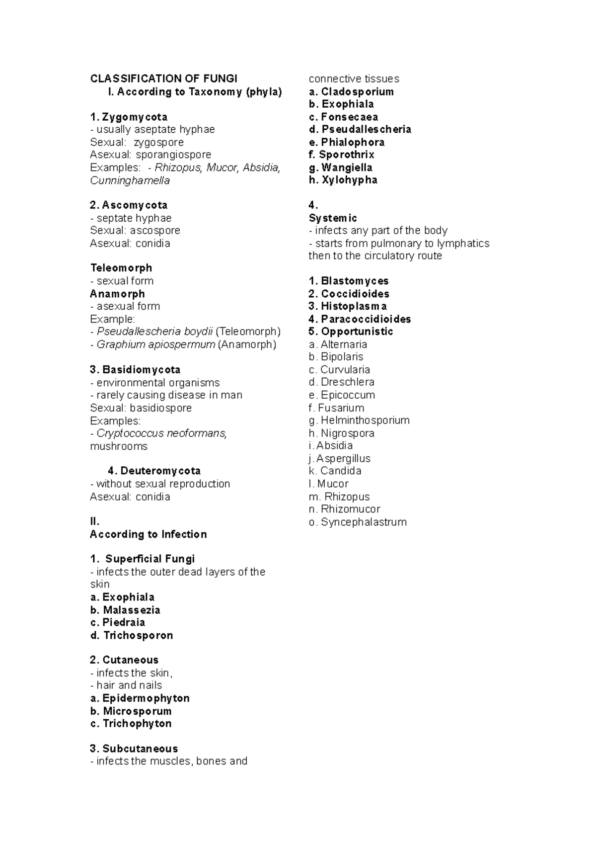 Classification OF Fungi - CLASSIFICATION OF FUNGI I. According to ...