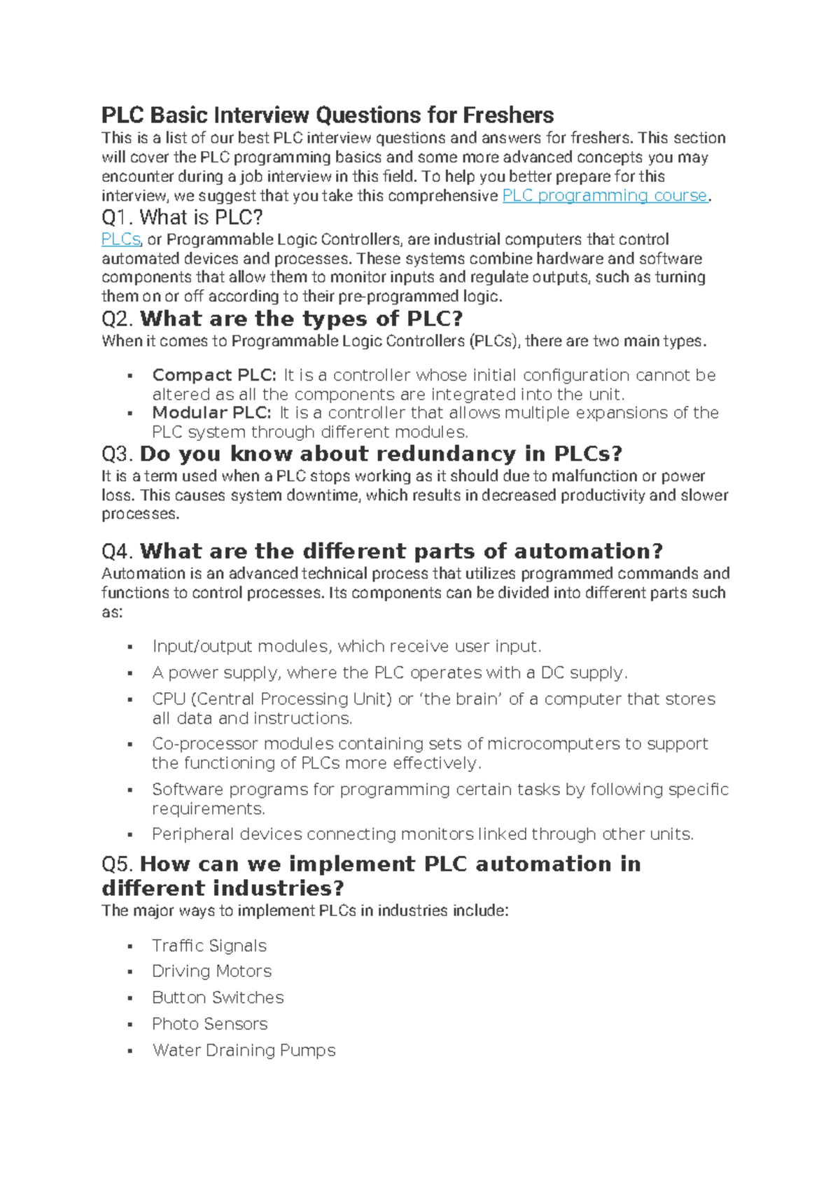 PLC Basic Interview Questions for Freshers - This section will cover the PLC programming basics ...
