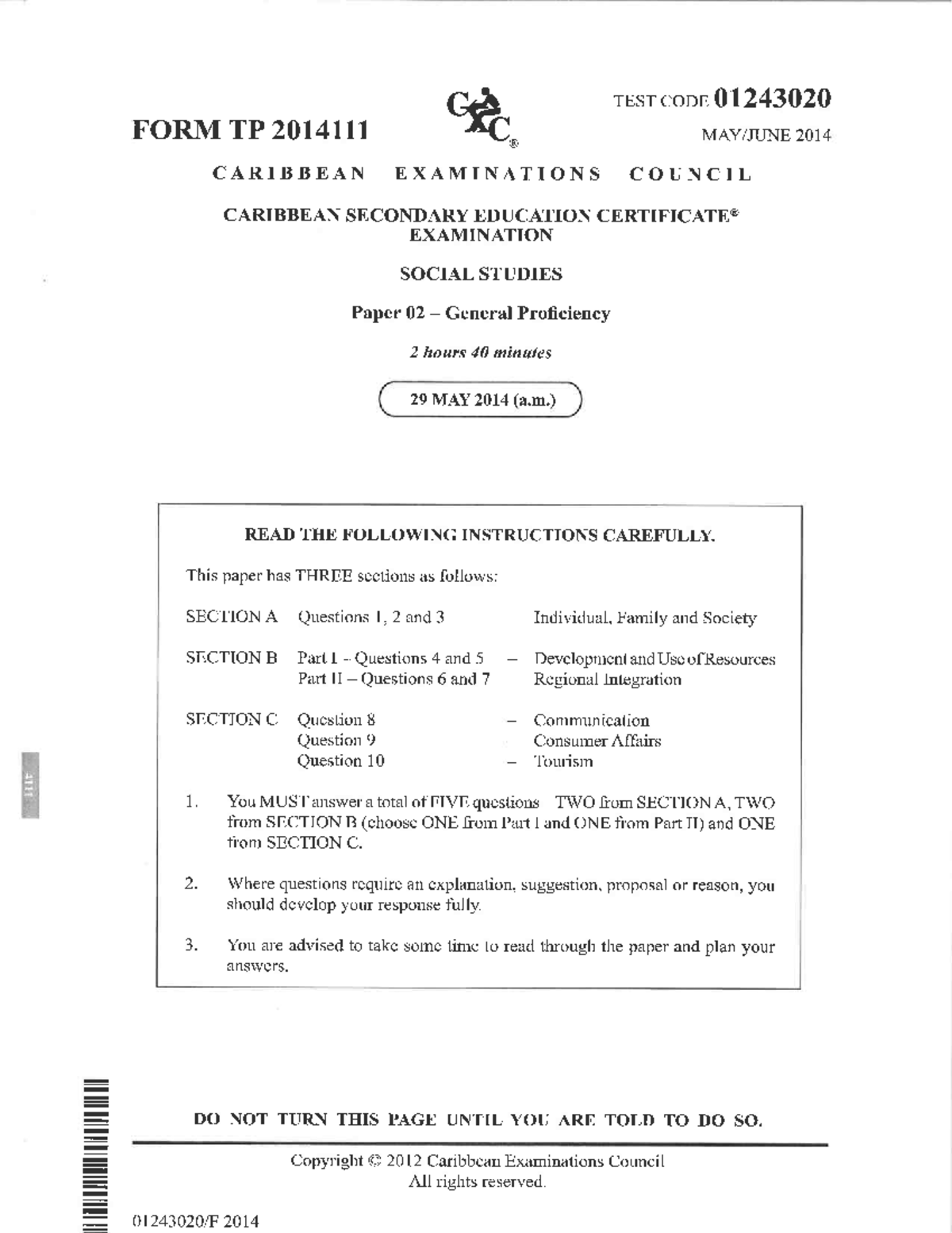 June 2014 social studies p2 - FORM TP 2014ttt qb. TEST CODE OI243O2O ...