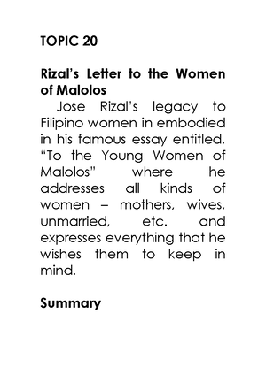 Rizal's Work (Topic 6) - notes - TOPIC 6 The Journey to His Early ...