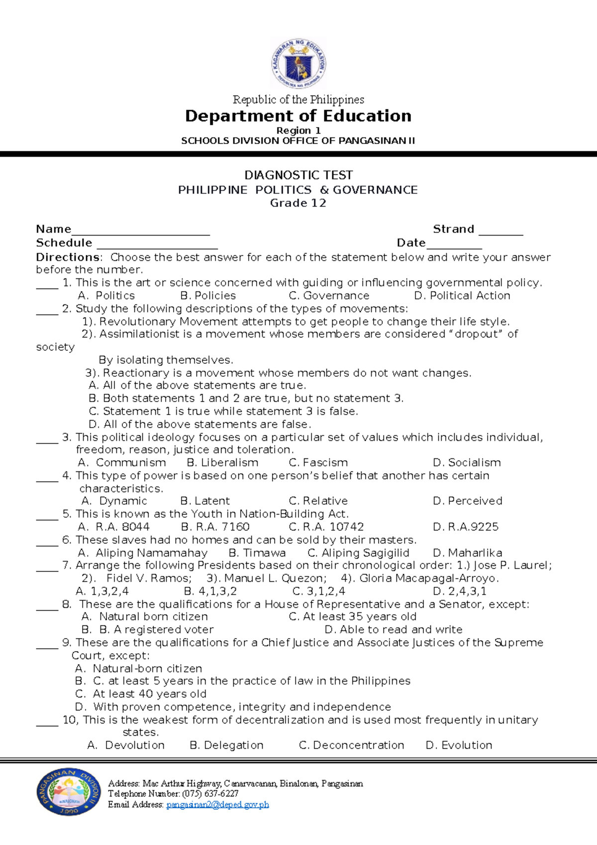 Grade 12 Philippine- Politics- Governanc - Republic of the Philippines ...