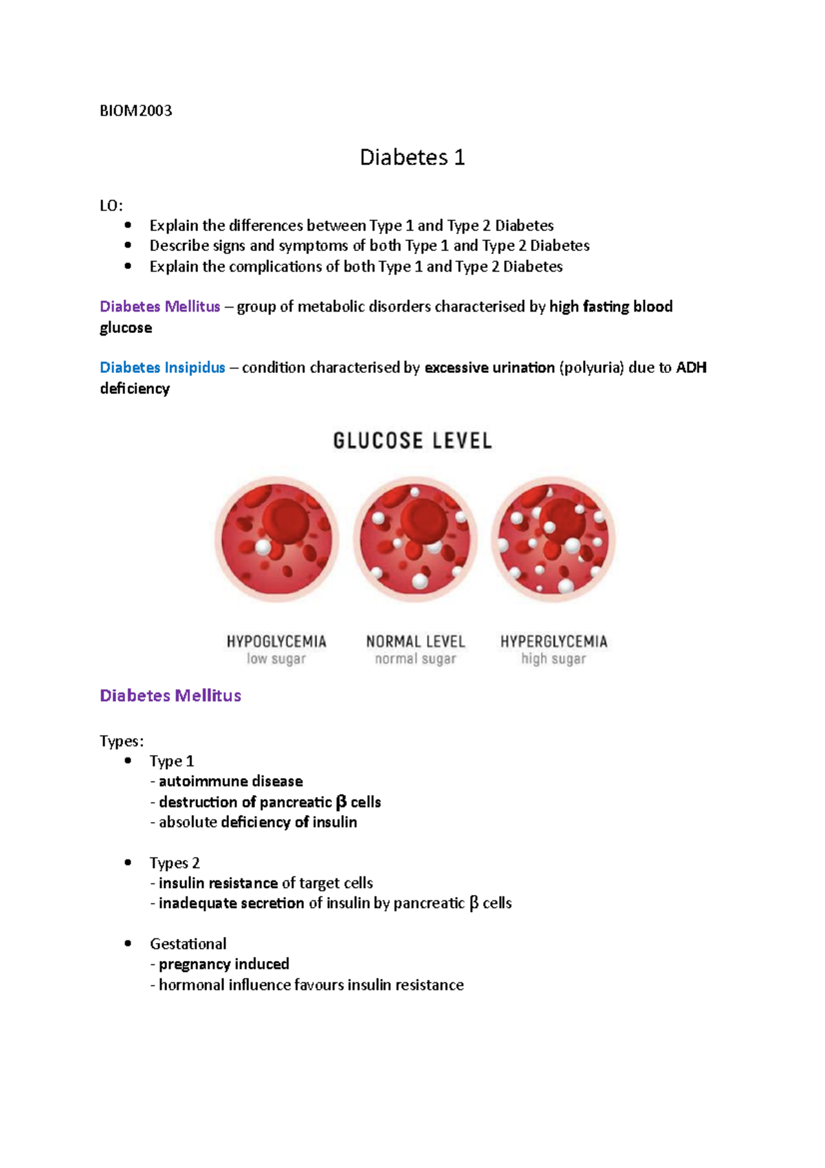 BIOM2003 Diabetes Summary notes - BIOM Diabetes 1 LO: Explain the ...