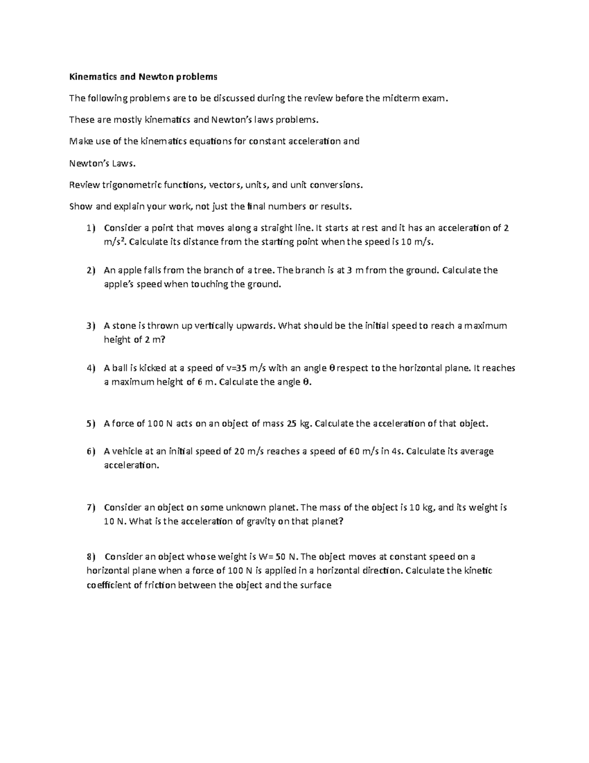 Kinematics and Newtons practice problems 2 - Kinematics and Newton ...