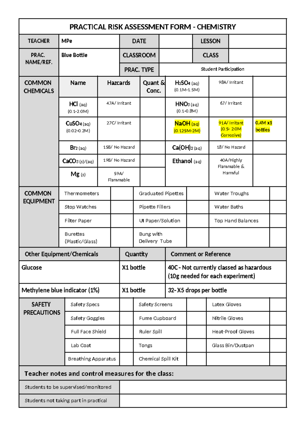 Blue Bottle - Risk Assessment - PRACTICAL RISK ASSESSMENT FORM ...