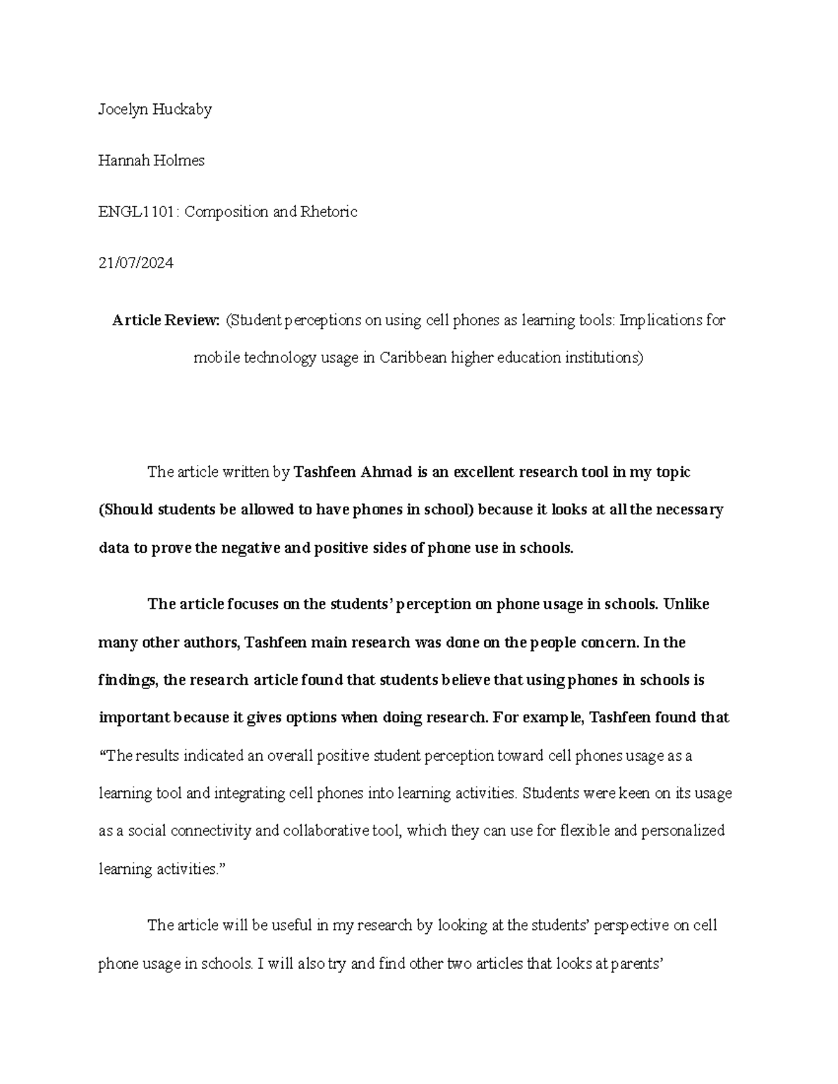 Article Review - Jocelyn Huckaby Hannah Holmes ENGL1101: Composition ...