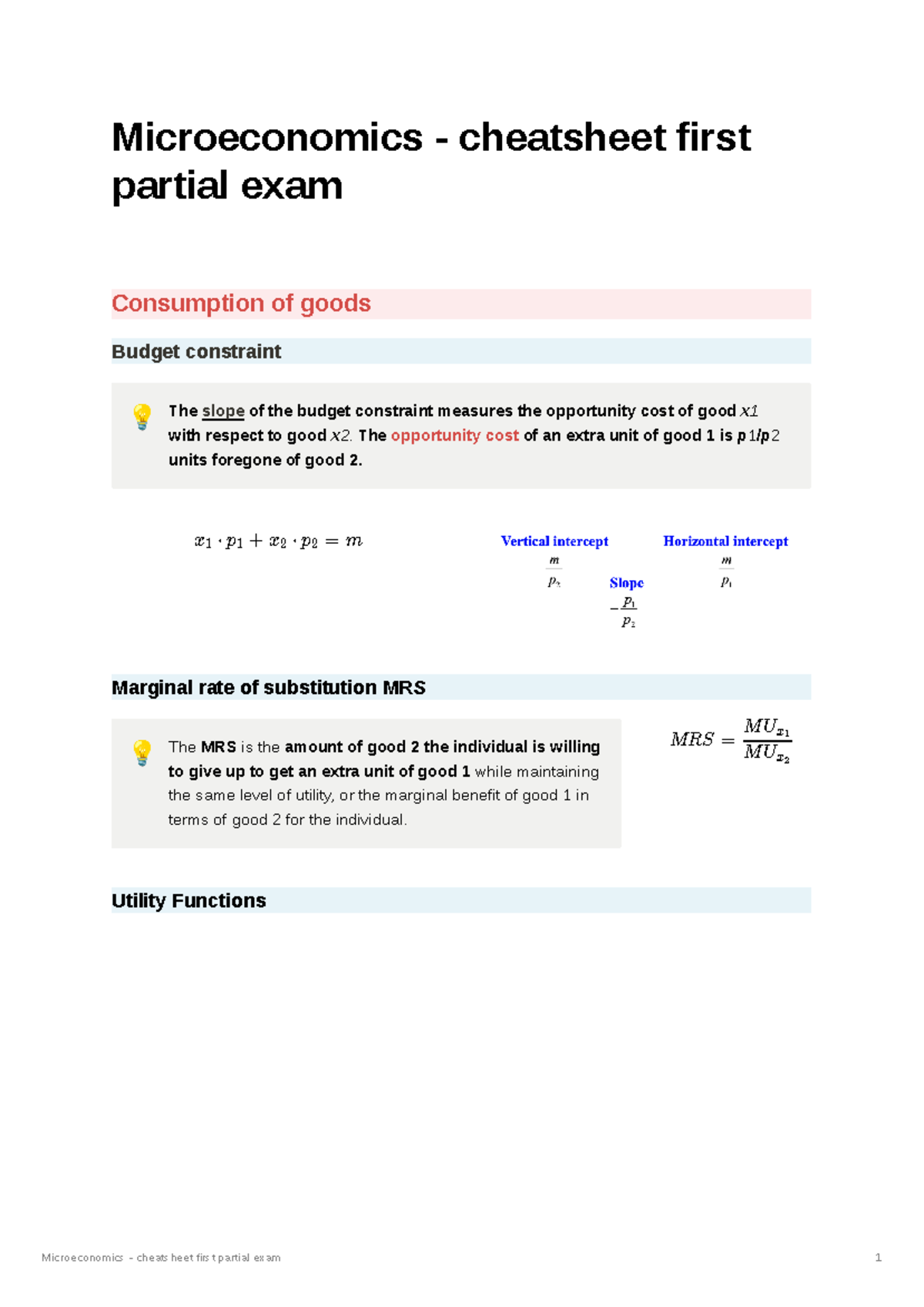 Microeconomics - cheatsheet first partial exam - Microeconomics ...