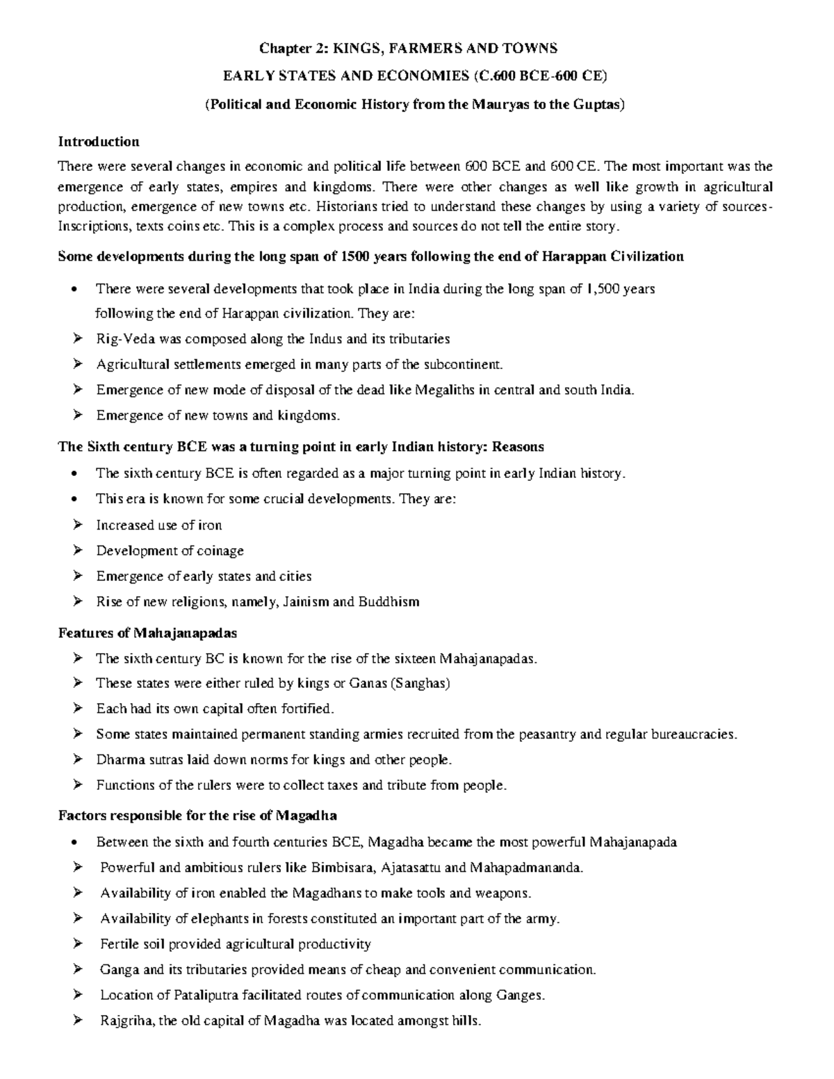 Notes Kings Farmers and Towns - Chapter 2: KINGS, FARMERS AND TOWNS ...