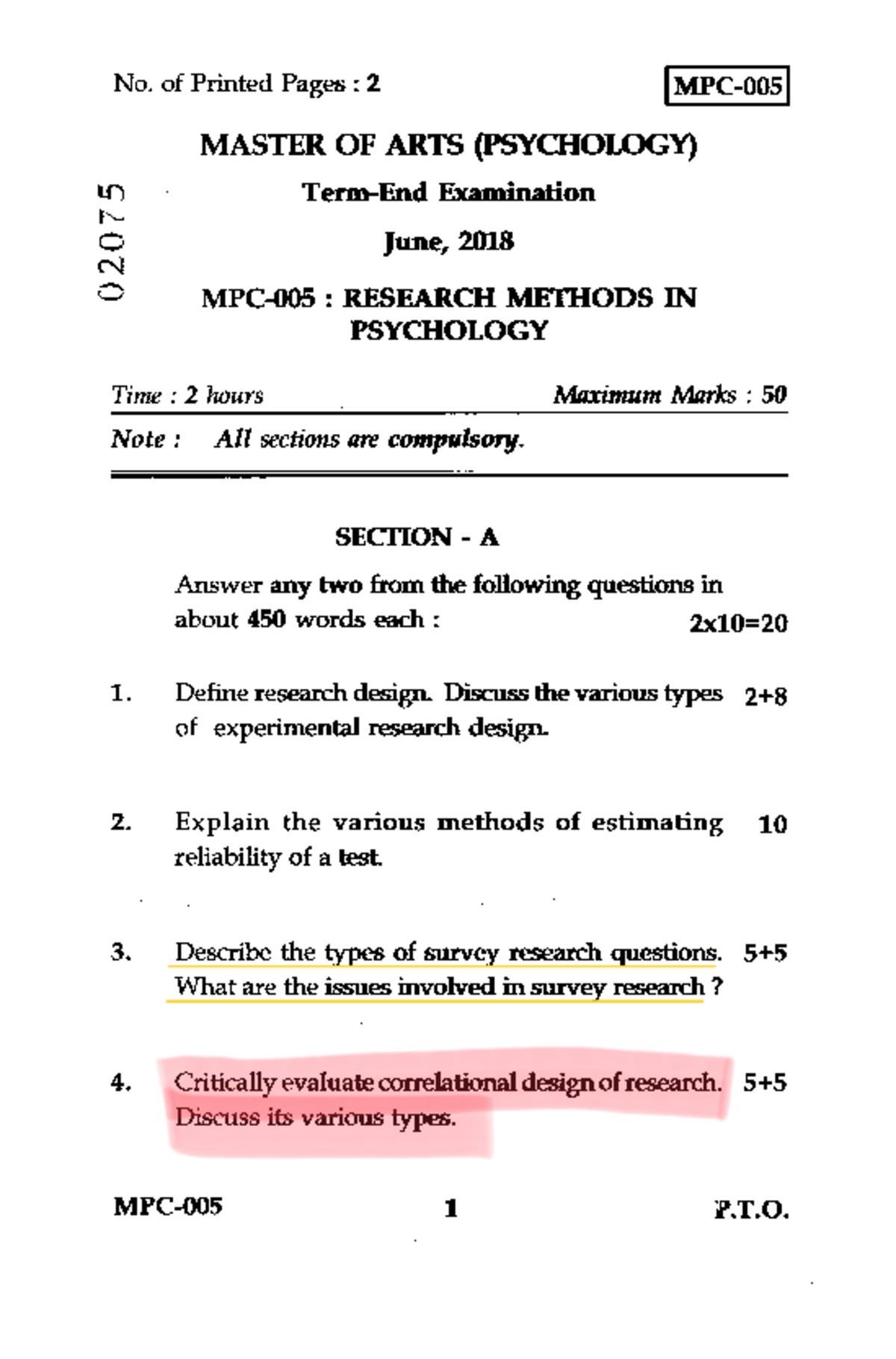 June 2018 - Question papers 00000 - No. of Printed Pages : 2 I MPC- MASTER OF ARTS (PSYCHOLOGY ...