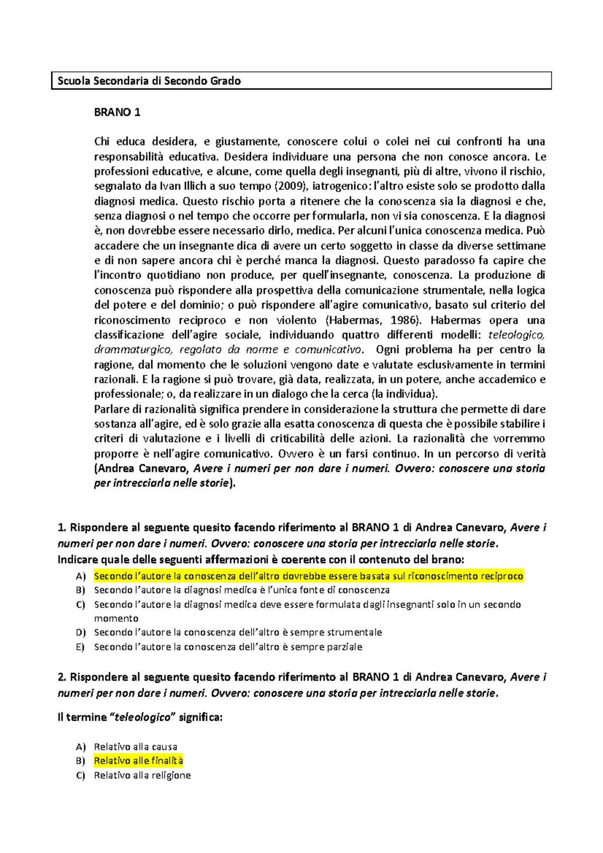 Scuola secondaria di secondo grado con Correttore - Scuola Secondaria di Secondo Grado BRANO 1 ...