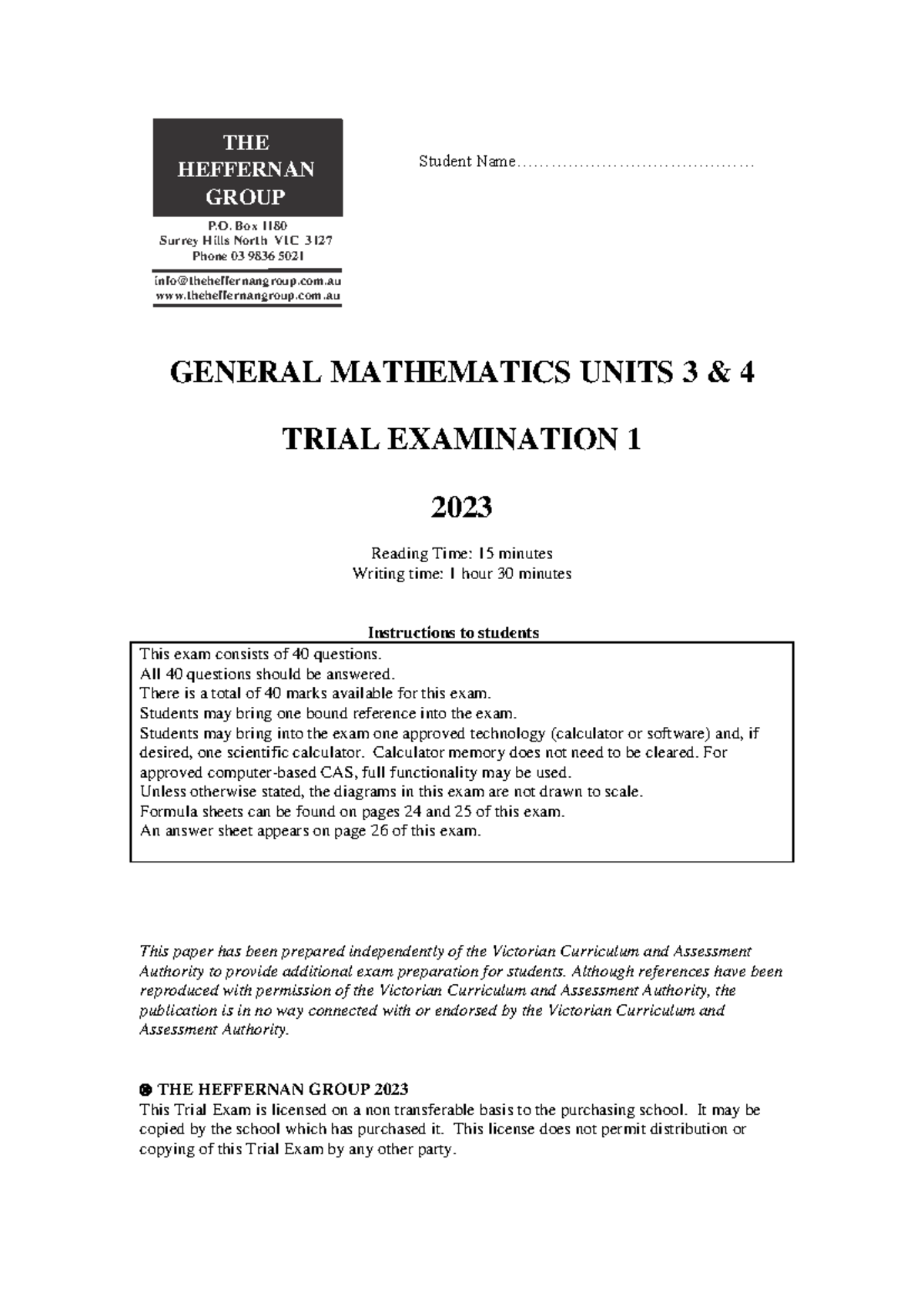2023 General Maths Units 3 & 4 Exam 1 - Student Name