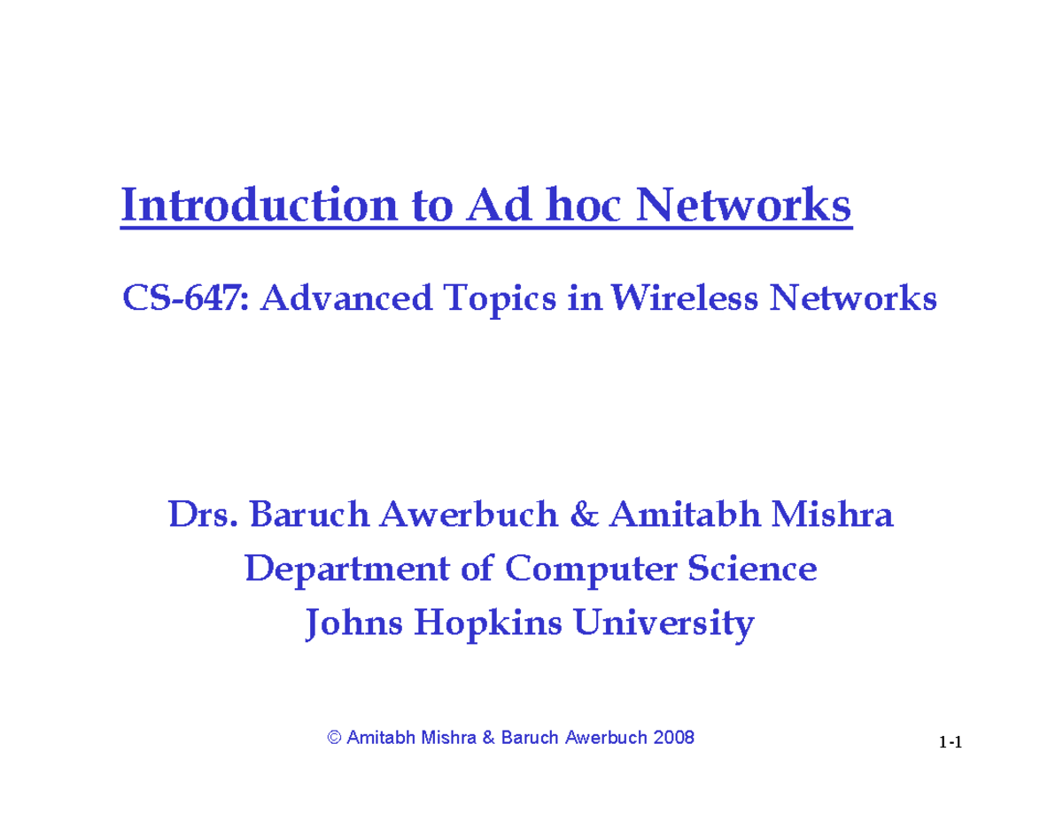 Intro adhoc - lec-8-ad-hoc-networks - Computer Science - Studocu