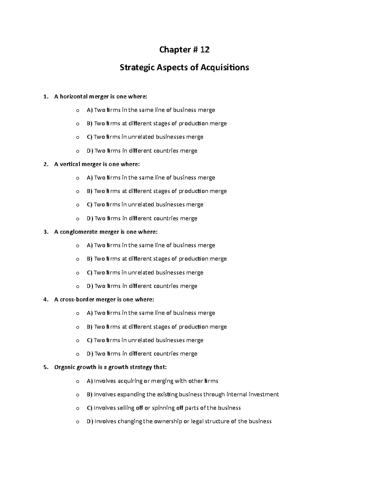 Mcqs Chapter # 12 - Strategic Aspects of Acquisitions - Chapter # 12 Strategic Aspects of - Studocu