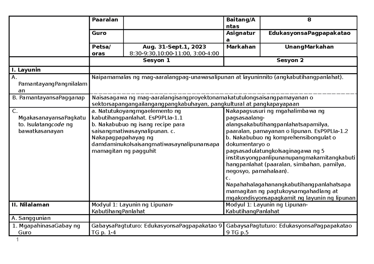 Ghgj dll - dll on values - Paaralan Baitang/A ntas 8 Guro Asignatur a ...
