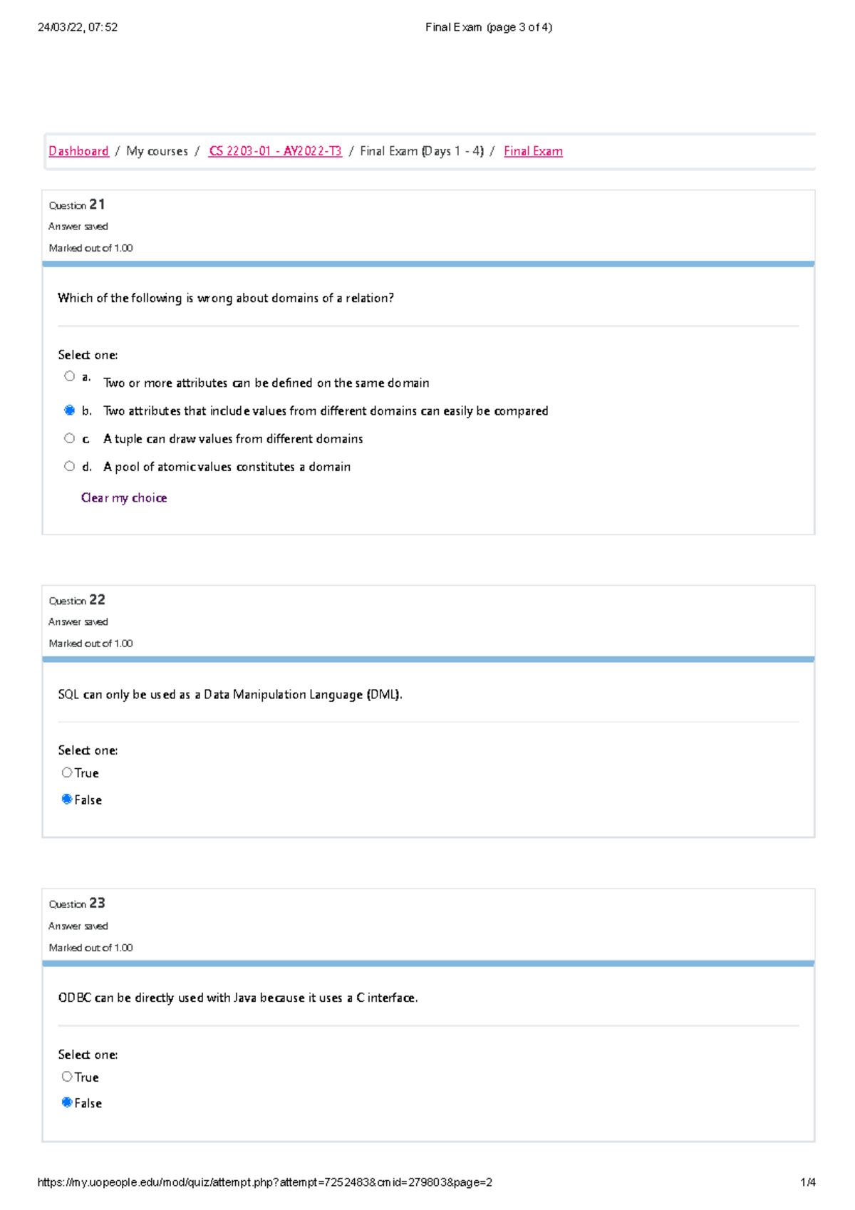 Final Exam (page 3 of 4) - Question 21 Answer saved Marked out of 1 ...