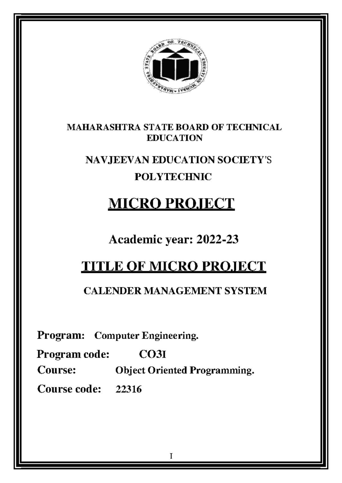 Project 3 oop - I MAHARASHTRA STATE BOARD OF TECHNICAL EDUCATION ...