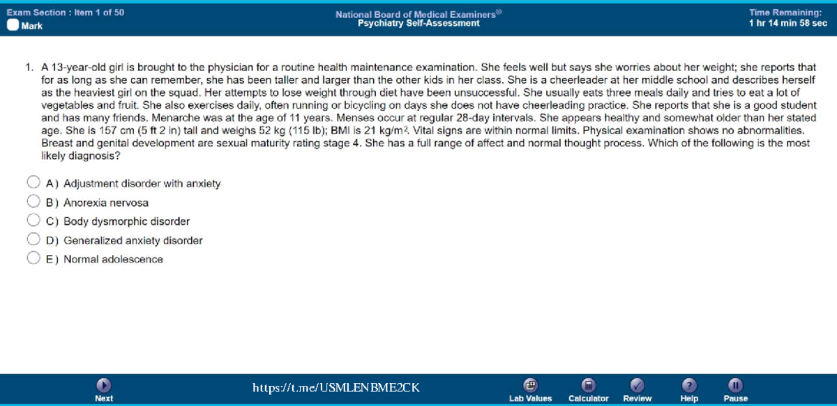 Psychiatry 6 - Questions - Exam Section : Item 1 of 50 National Board ...