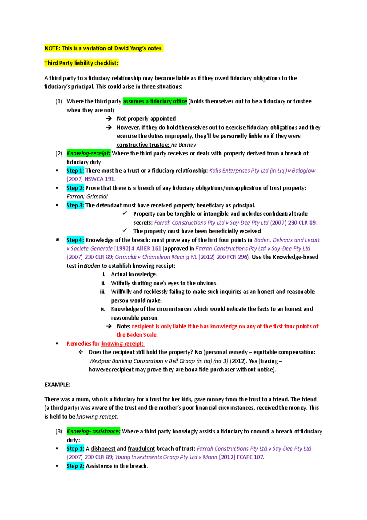 Equity-Checklist - Summary Equity & Trusts - NOTE: This is a variation ...