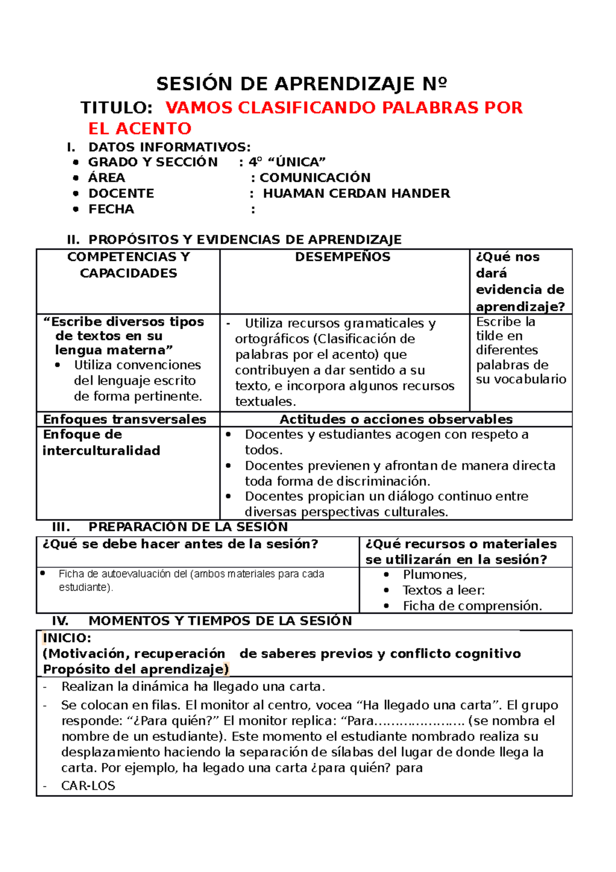 Clasificacion de palabras - SESIÓN DE APRENDIZAJE Nº TITULO: VAMOS ...