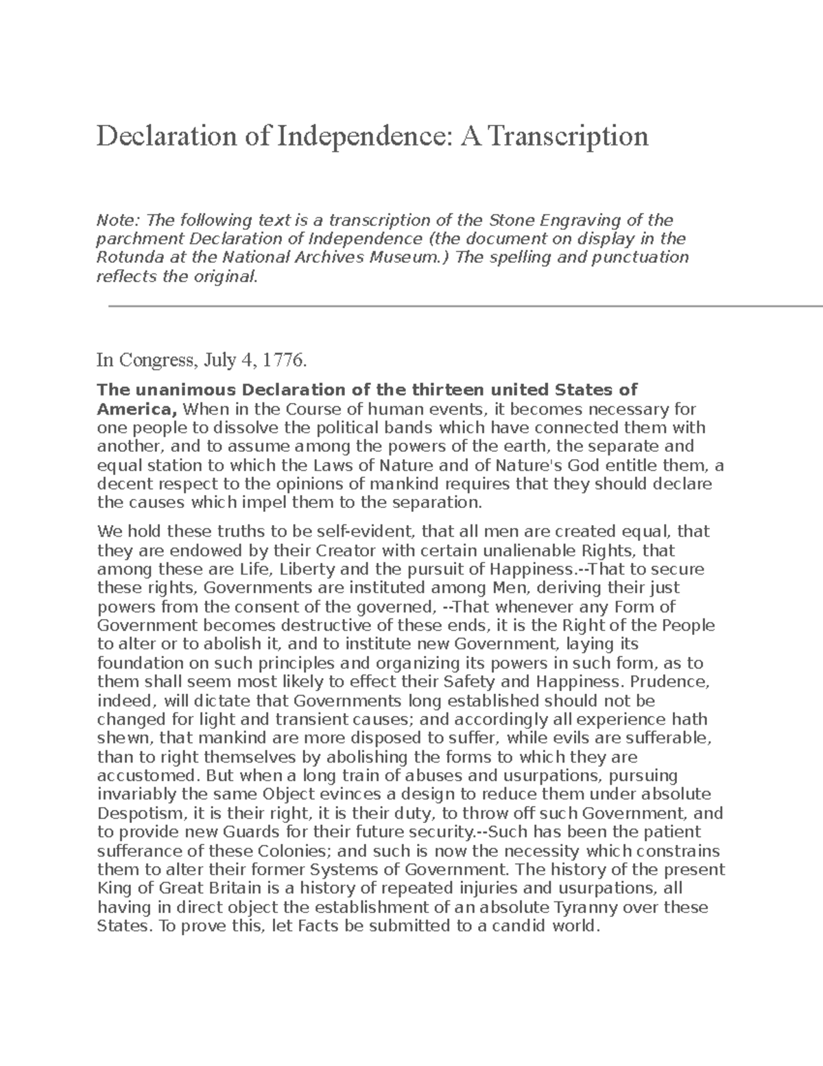 Declaration of Independence - ) The spelling and punctuation reflects ...