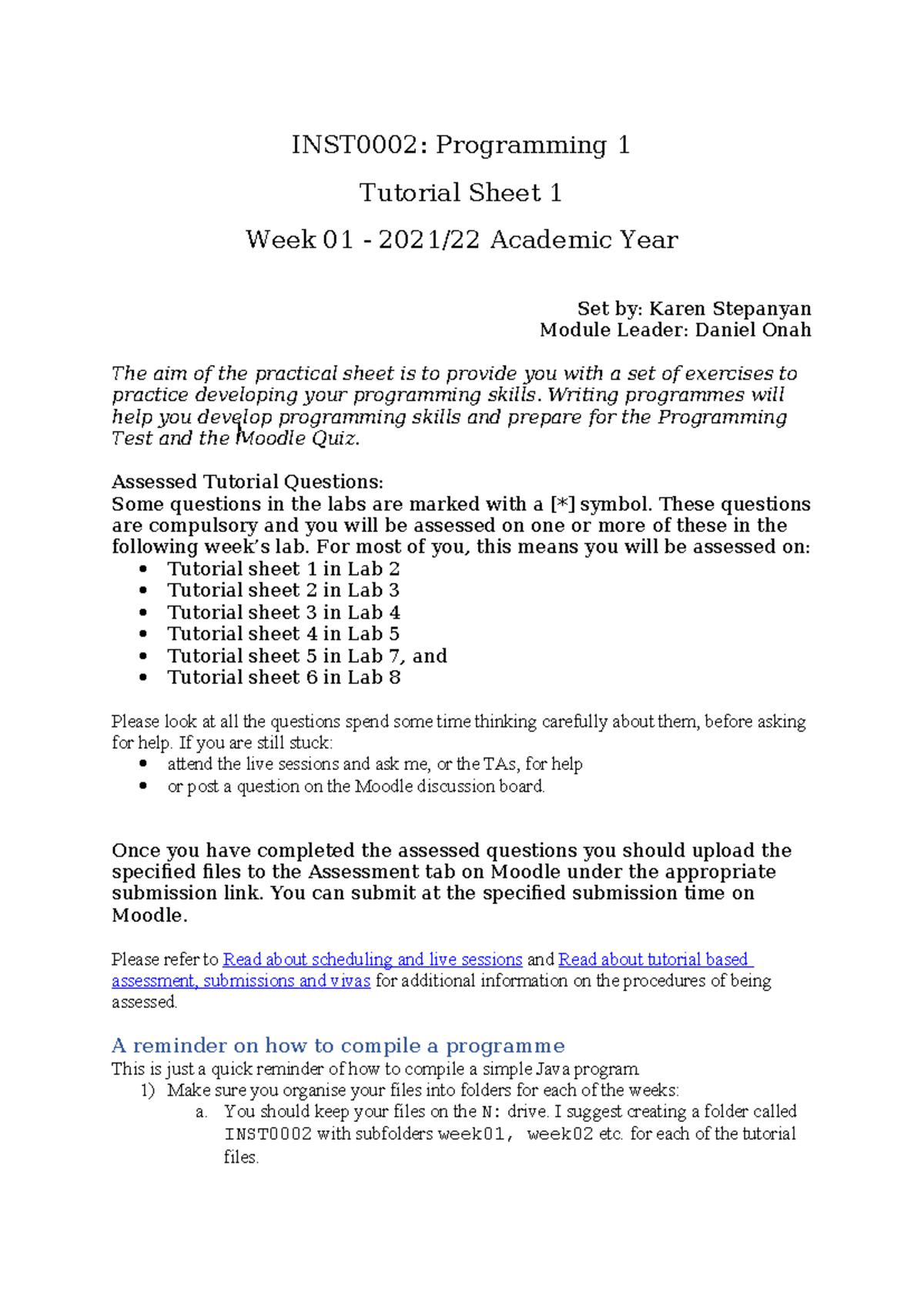 Tutorial Sheet 01 - INST0002: Programming 1 Tutorial Sheet 1 Week 01 ...