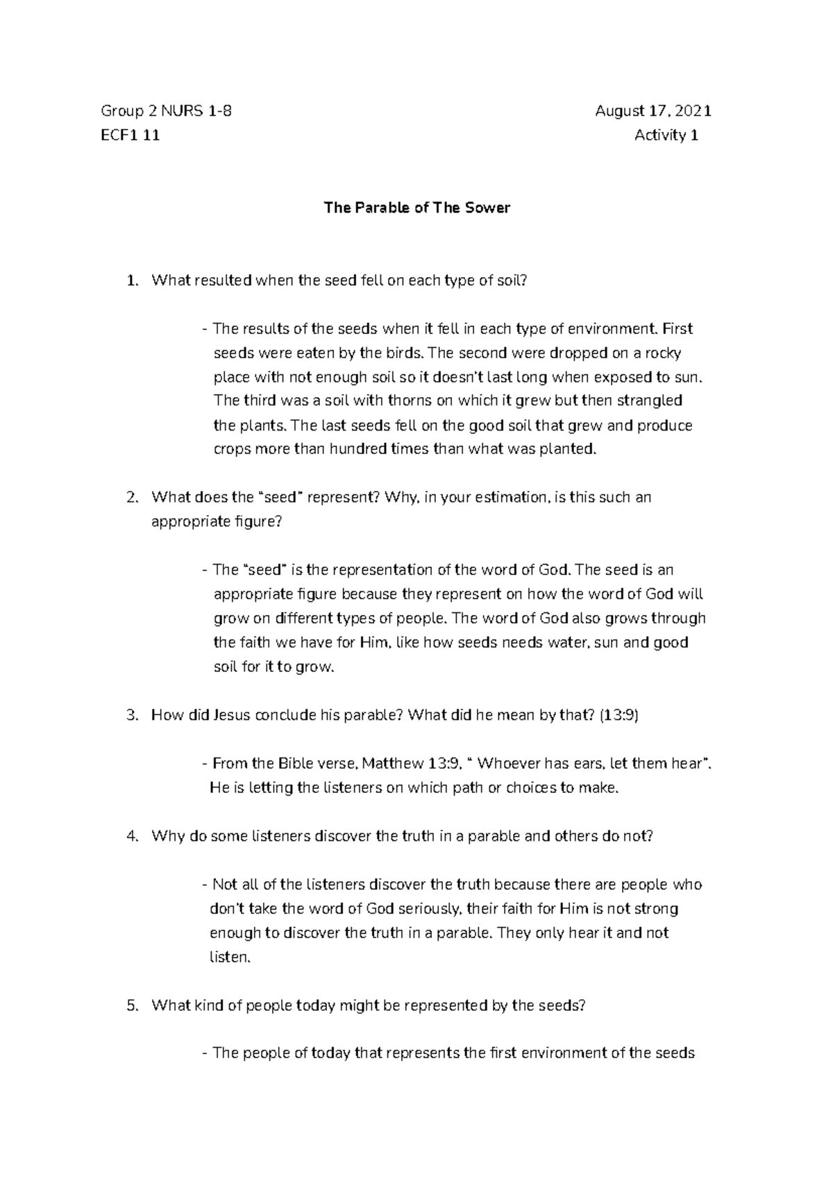 Activity 1 The Parable of The Sower - Group 2 NURS 1-8 August 17, 2021 ...