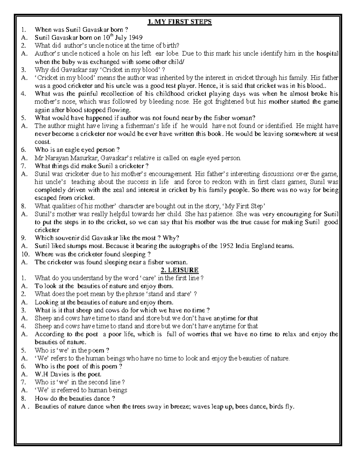 Plus two english chapters notes - 1. MY FIRST STEPS When was Sunil ...