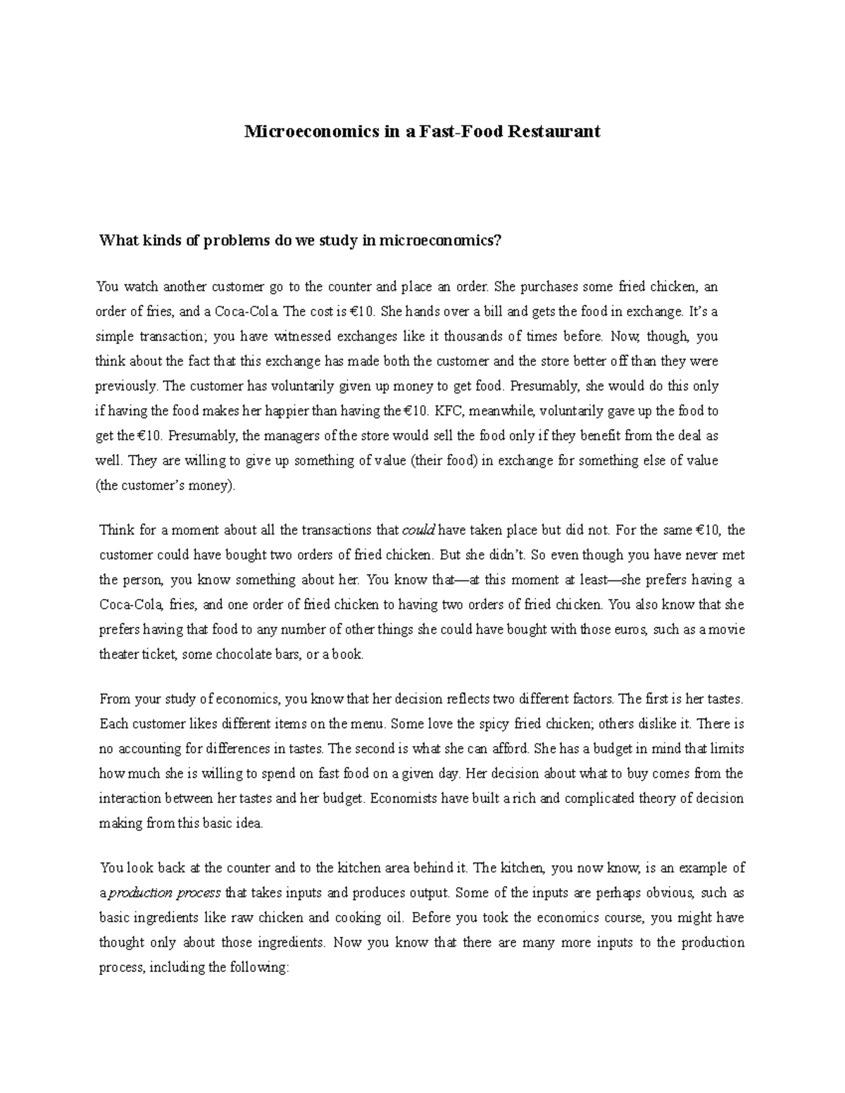 1667981247773 case Microeconomics in a Fast food chain - Microeconomics ...