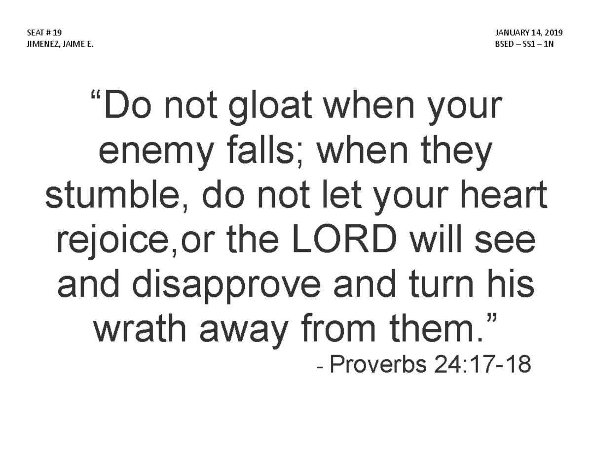 Proverbs - SEAT # 19 JANUARY 14, 2019 JIMENEZ, JAIME E. BSED – SS1 – 1N ...