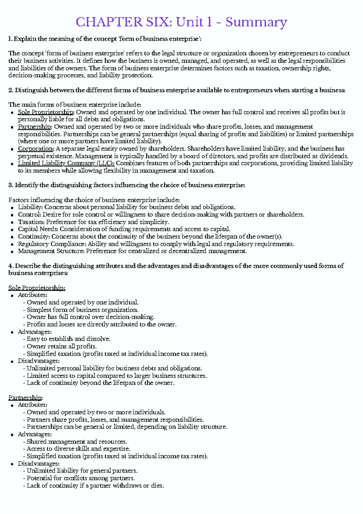 EB121 - SU5 - CHAPTER SIX: Unit 1 - Summary 1. Explain the meaning of the concept 'form of ...