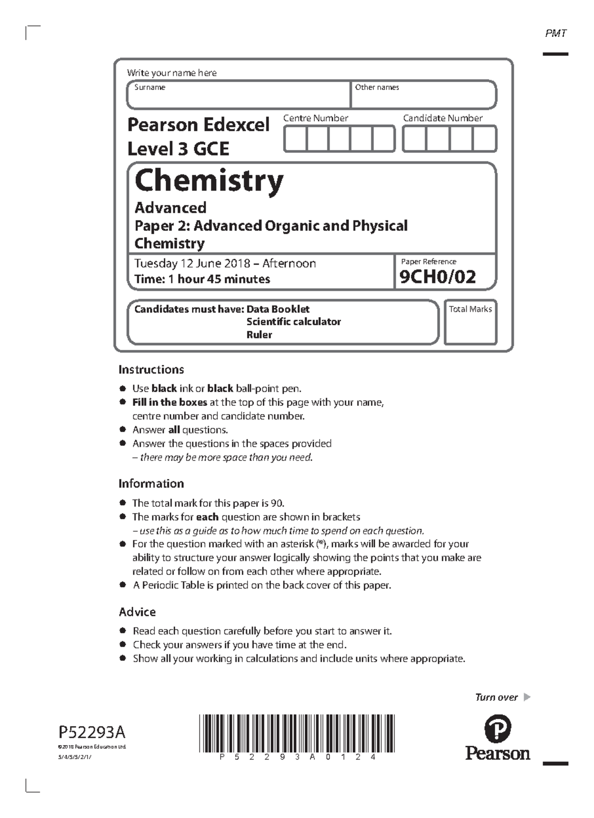 June 2018 QP - Paper 2 Edexcel Chemistry A-Level - Centre Number ...