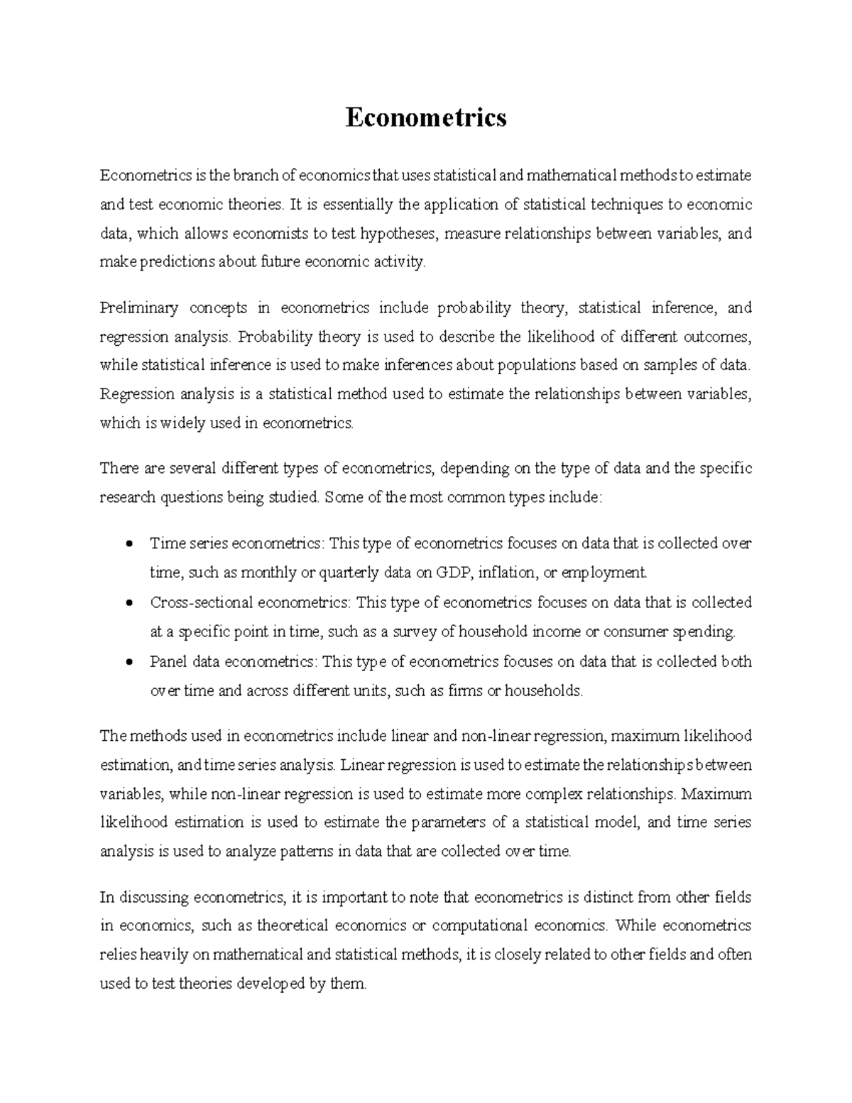 Econometrics Econometrics Econometrics Is The Branch Of Economics That Uses Statistical And