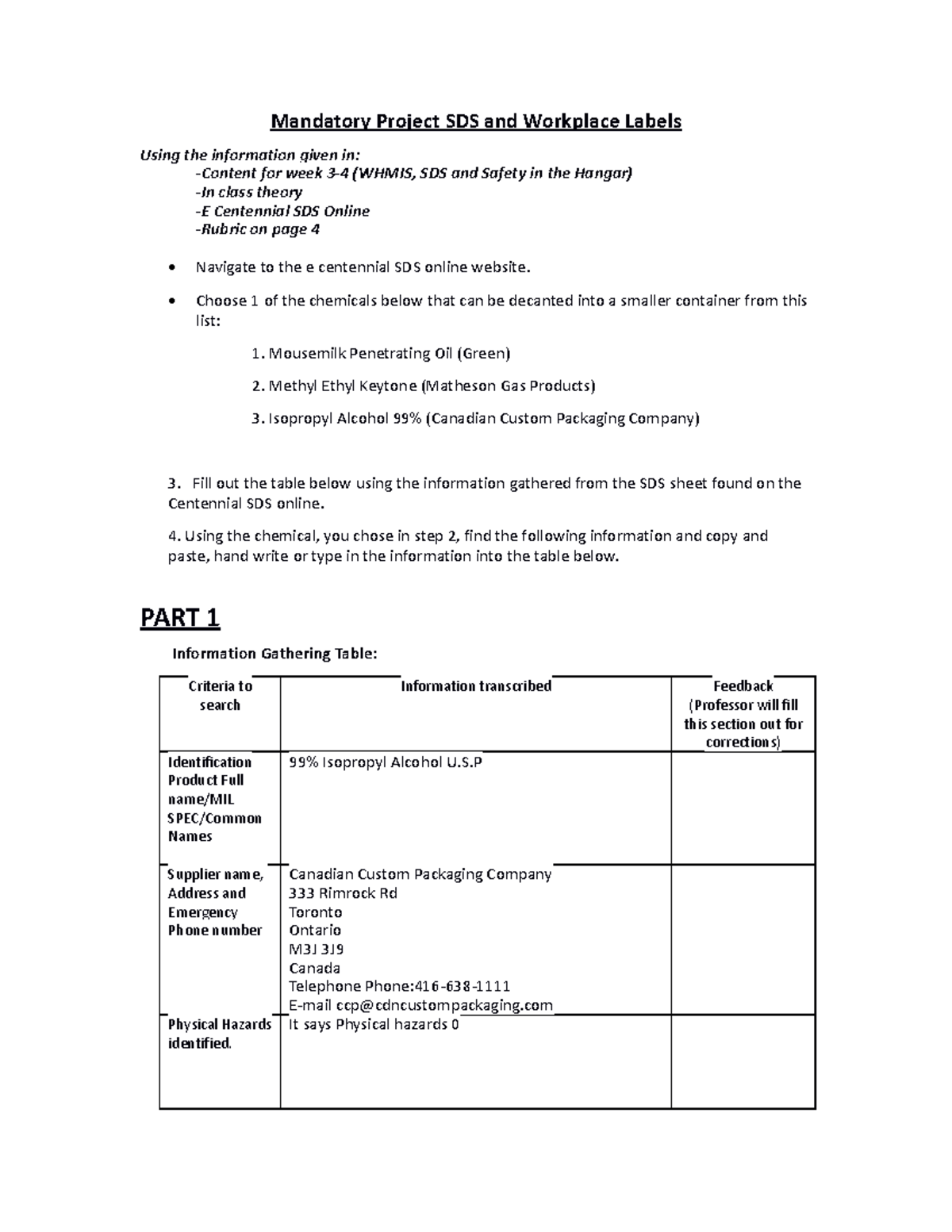 Mandatory Project SDS and Workplace Labels - • Choose 1 of the ...